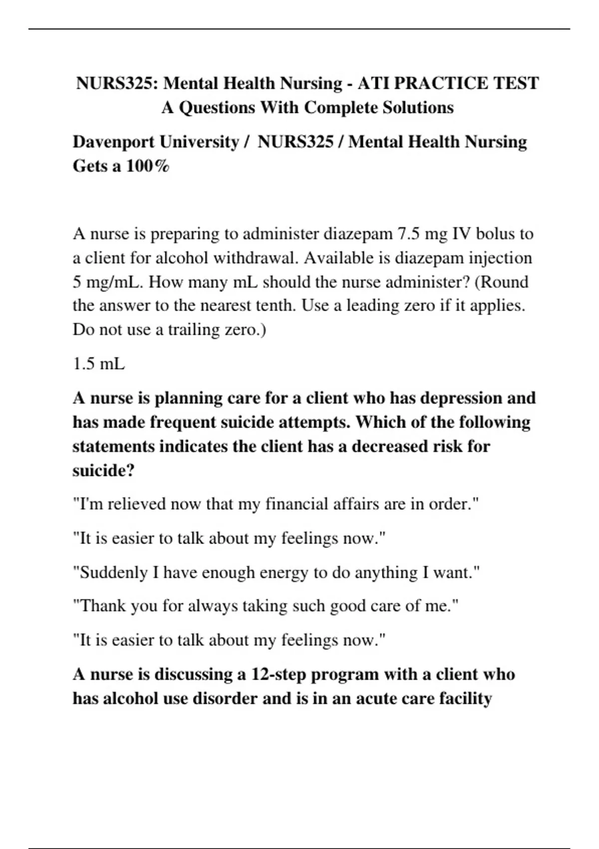 NURS325: Mental Health Nursing - ATI PRACTICE TEST A Questions With ...
