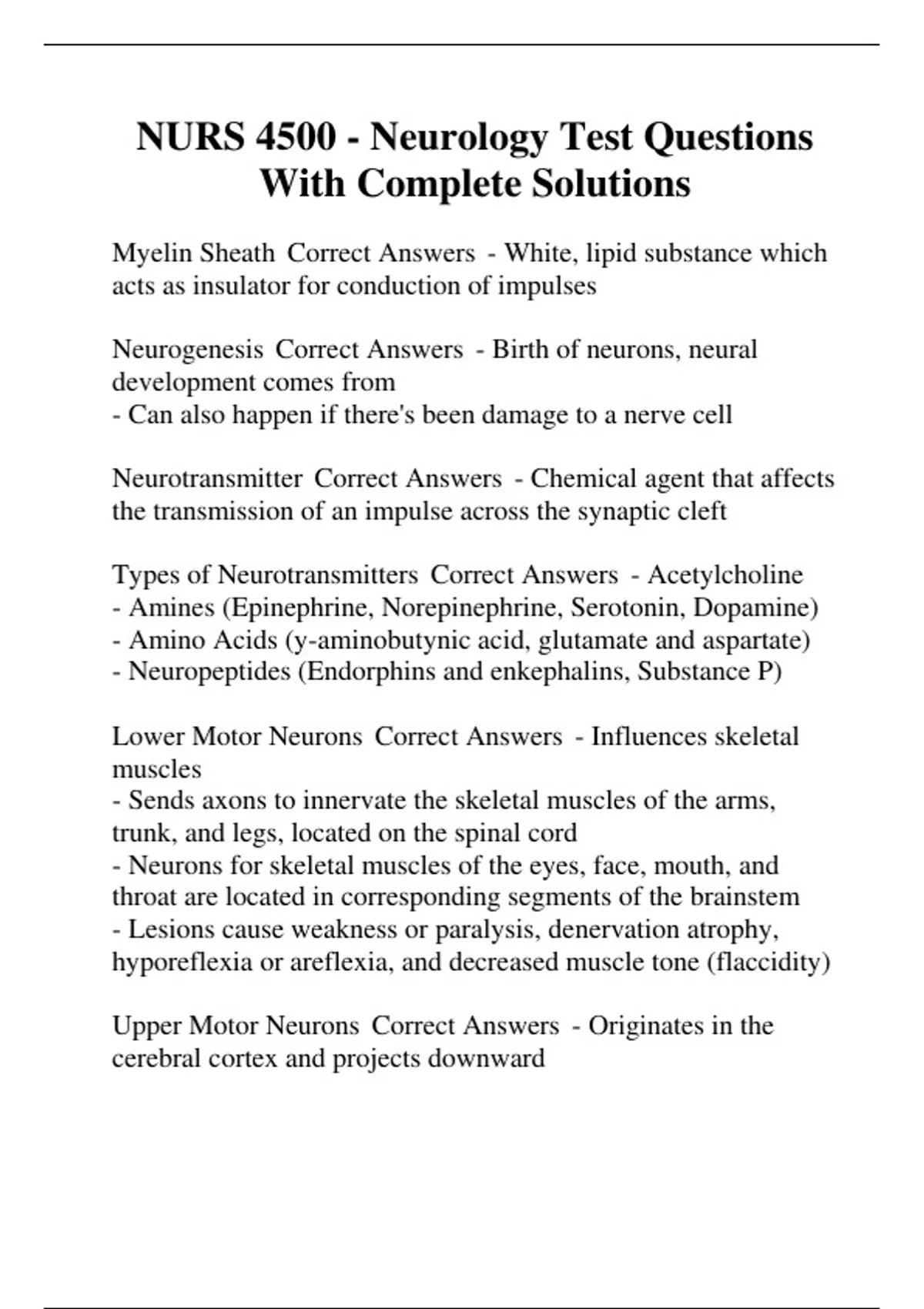 NURS 4500 - Neurology Test Questions With Complete Solutions - NURS ...