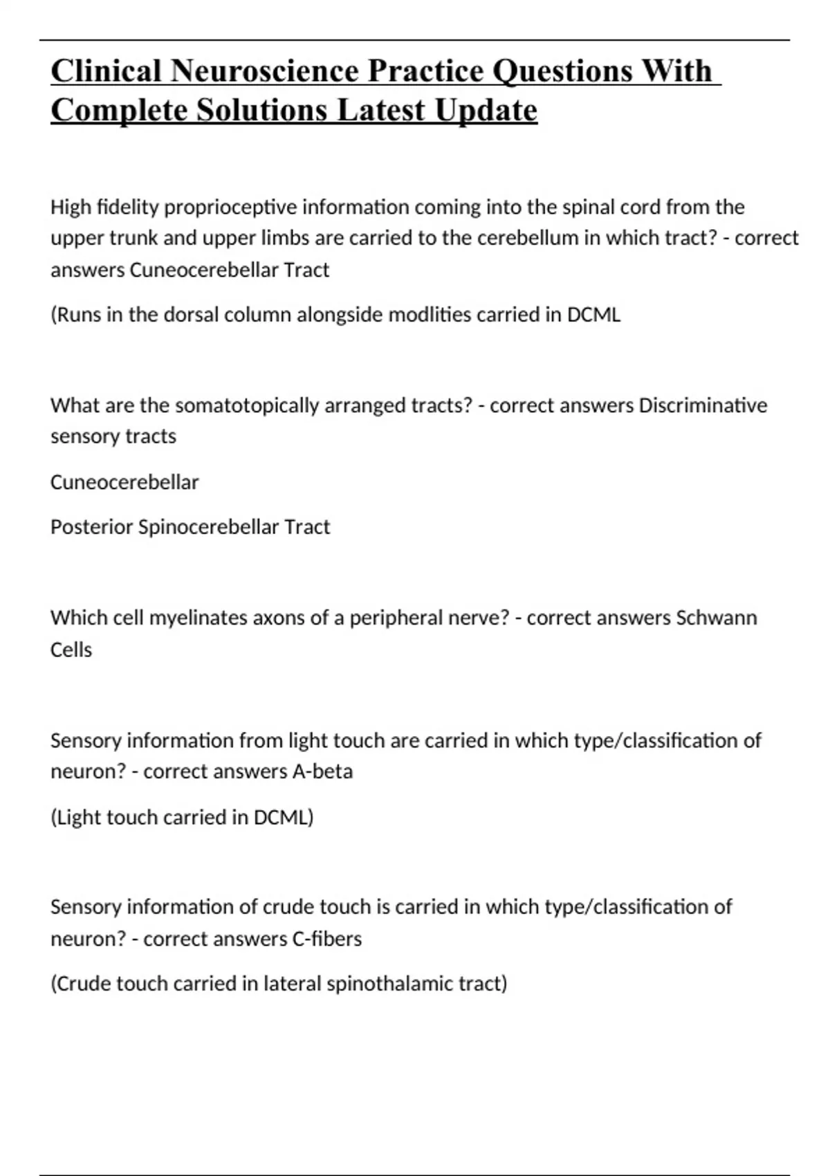 Clinical Neuroscience Practice Questions With Complete Solutions Latest ...