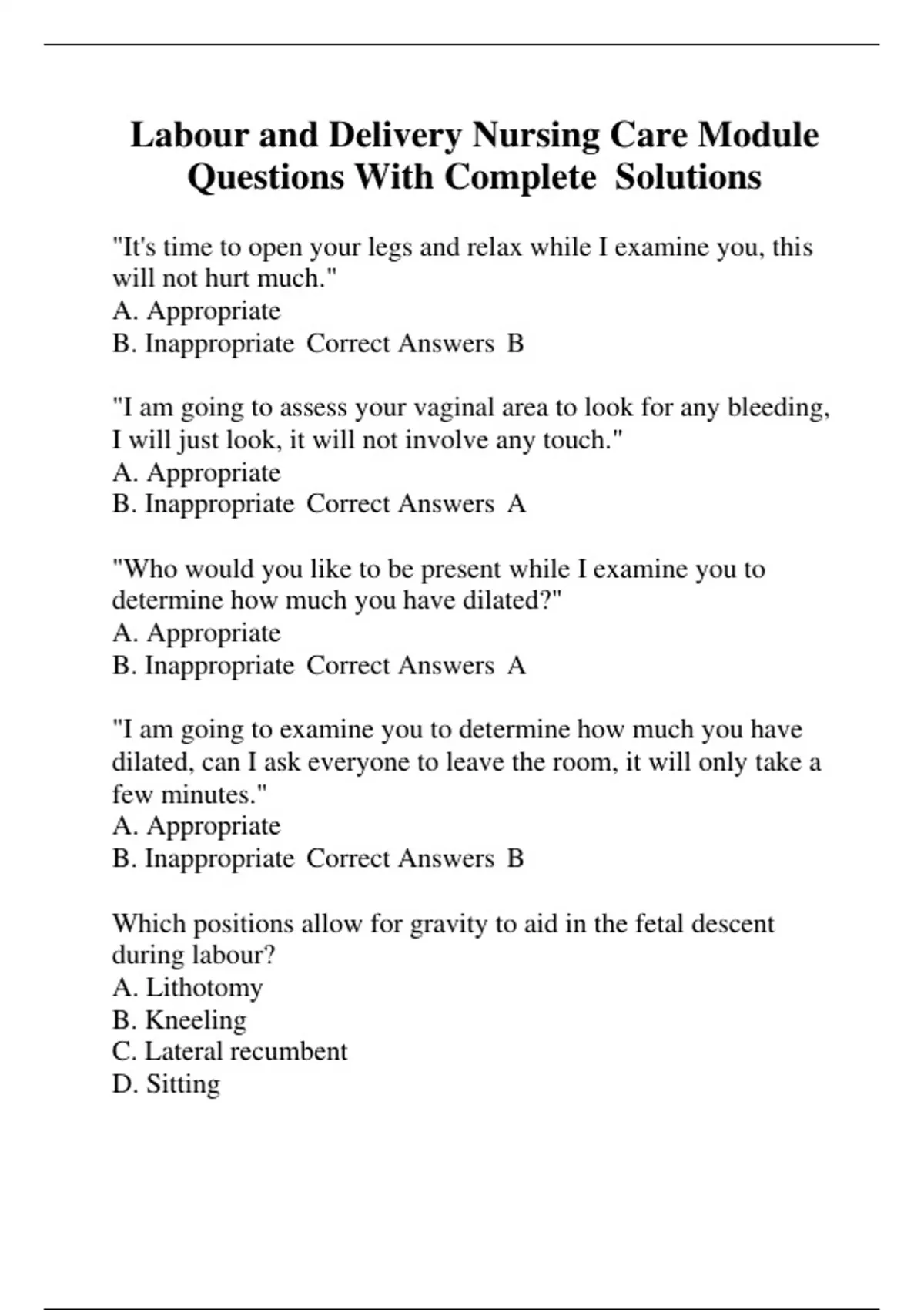 Labour and Delivery Nursing Care Module Questions With Complete ...