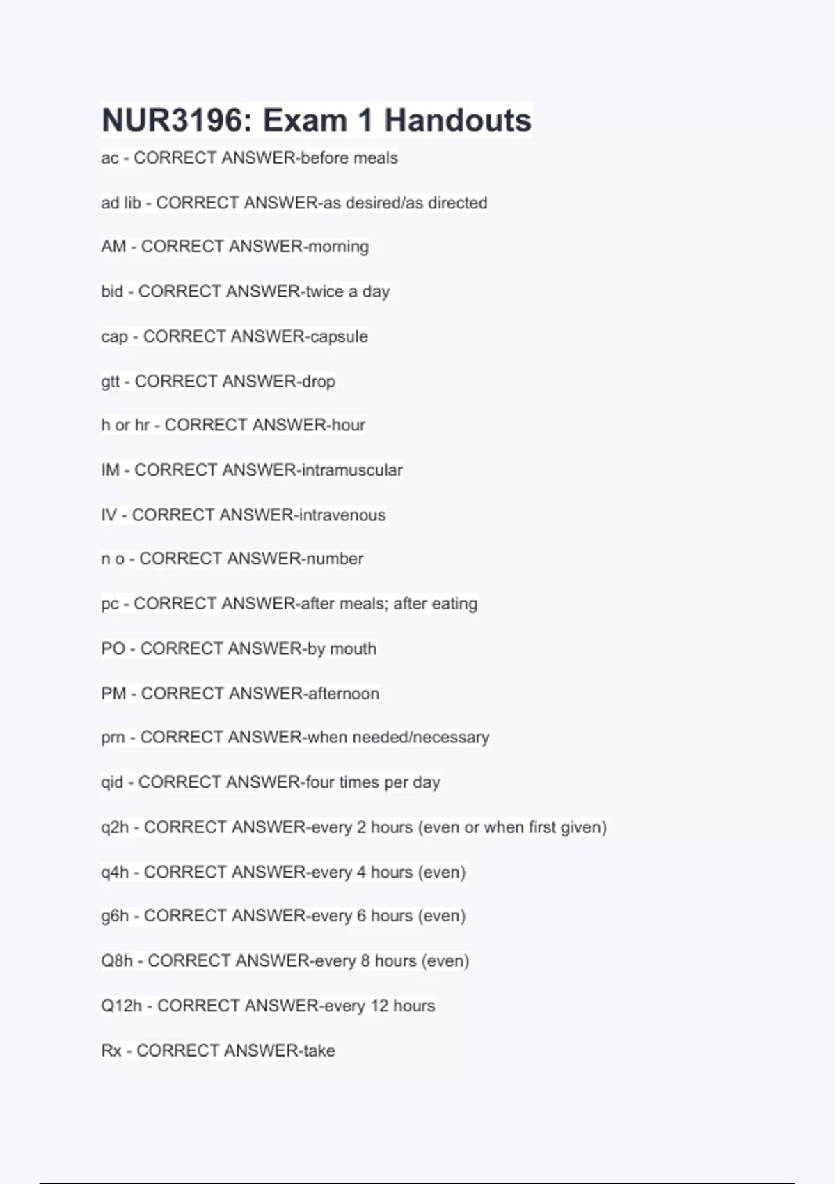 NUR3196 Exam 1 Handouts ( Answers for each questions with lots of ...