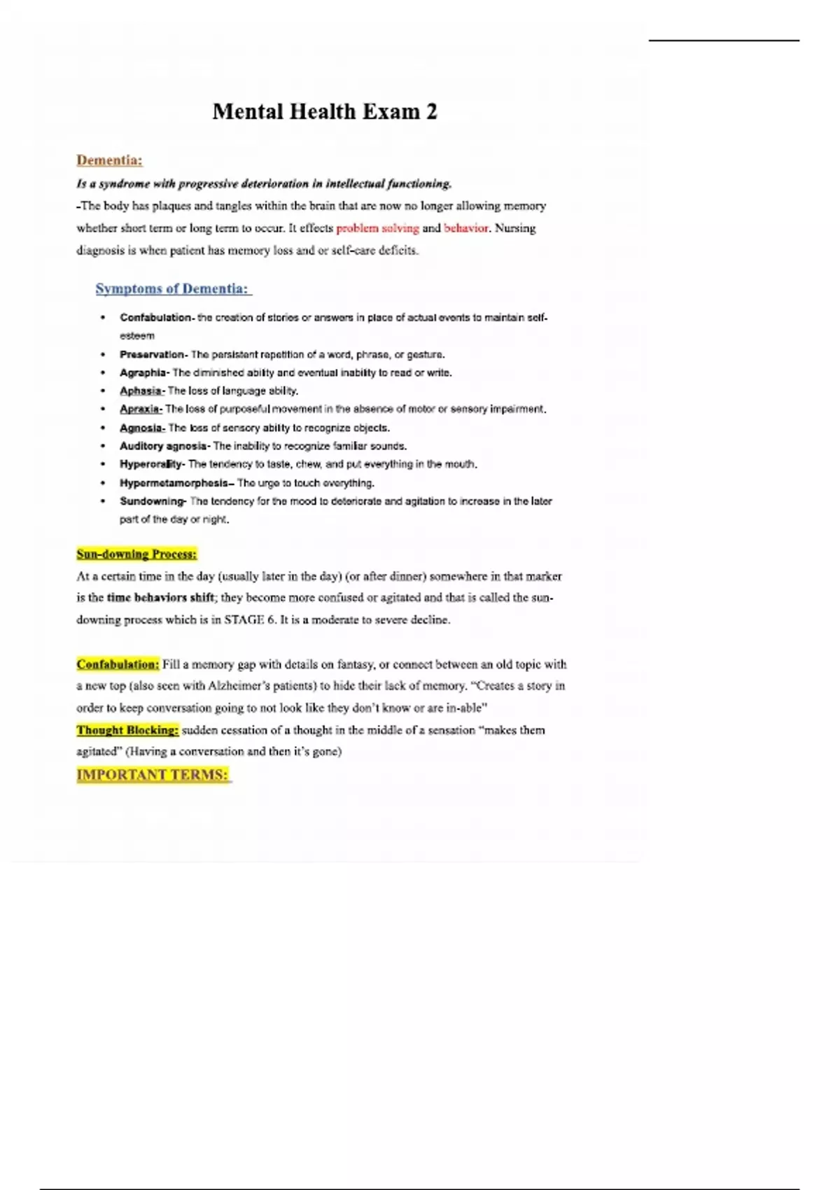 Mental Health Exam 2 Study Guide --Mental Health Nursing (NUR 2488 ...