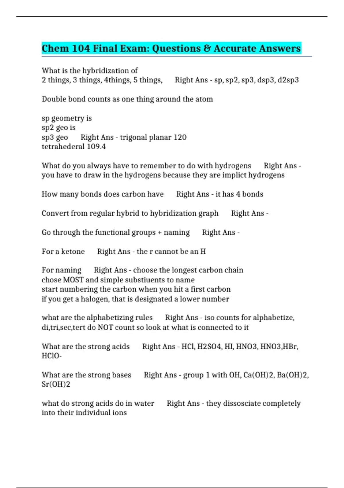 Chem 104 Final Exam: Questions & Accurate Answers - CHEM 104 - Stuvia US