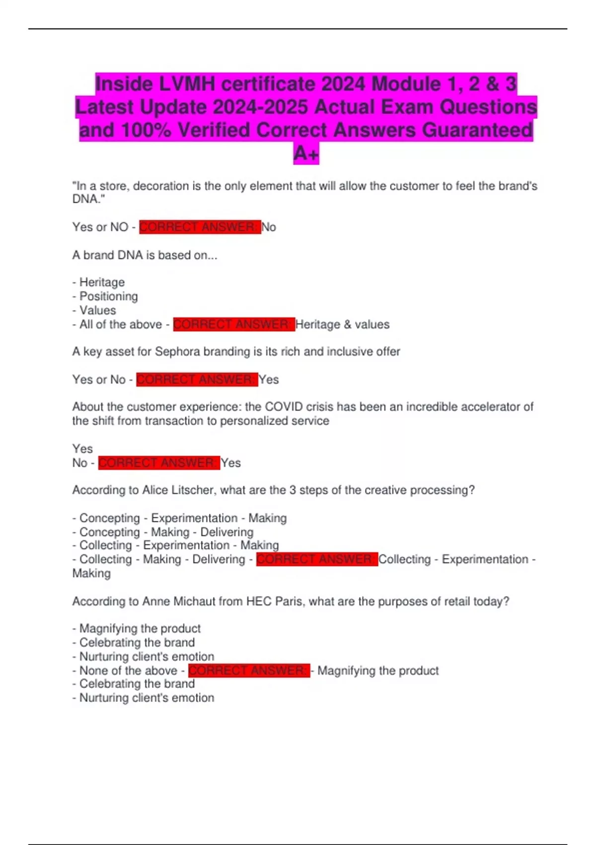 INSIDE LVMH CERTIFICATE 2024 LATEST UPDATE ACTUAL EXAMS MODULE 1, 2 & 3 ...