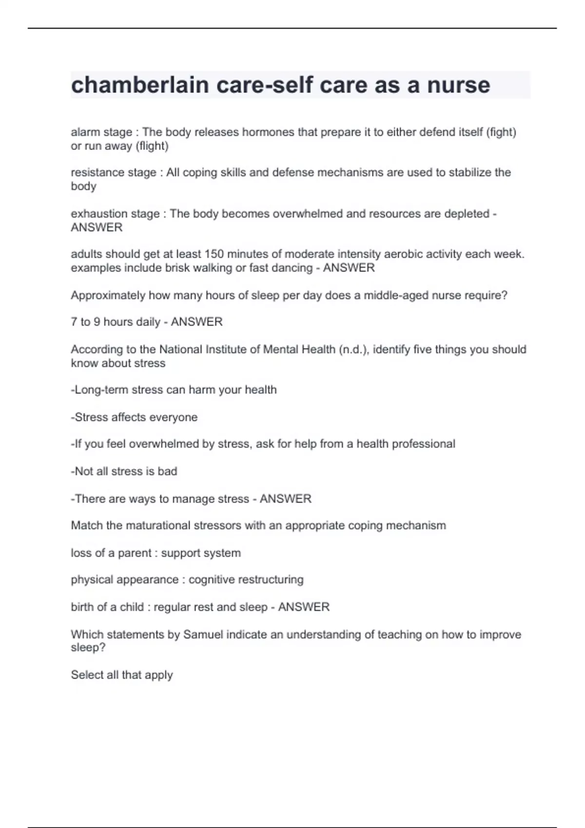 chamberlain care-self care as a nurse.Questions with answers 2024 ...