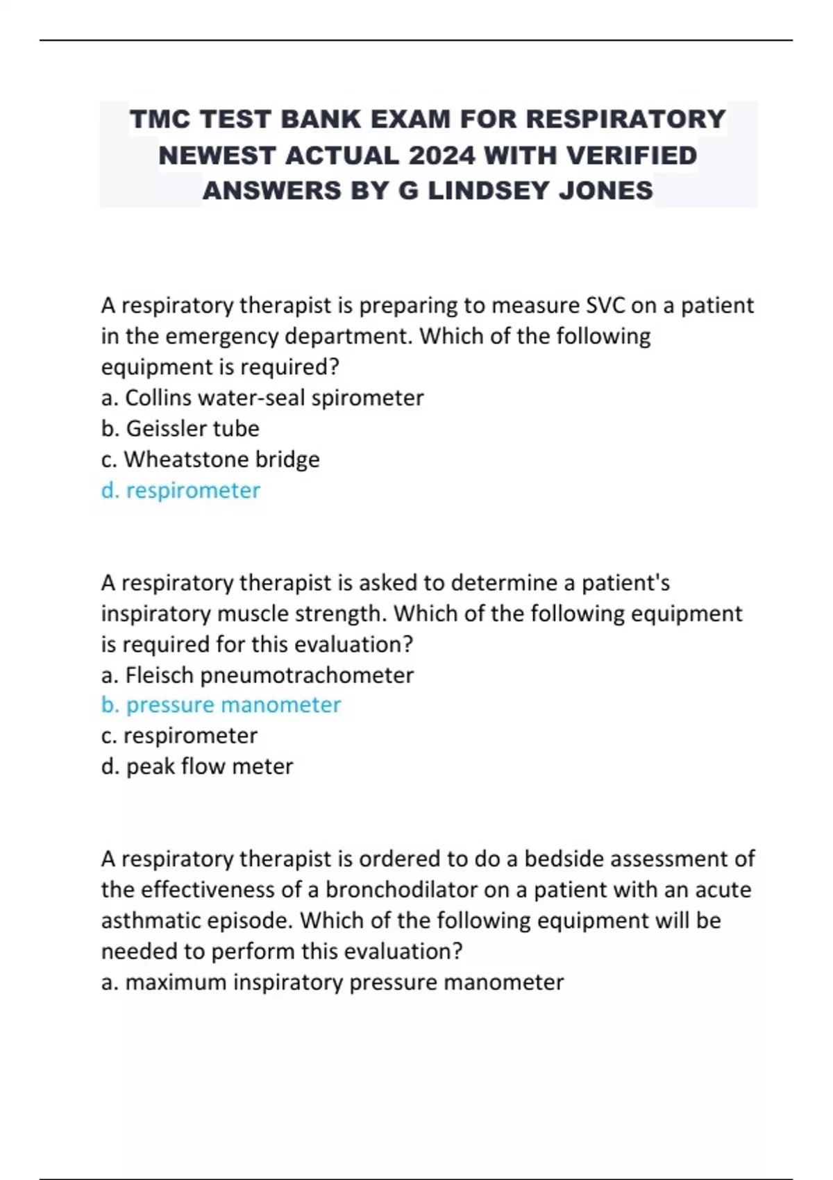 TMC TEST BANK EXAM FOR RESPIRATORY NEWEST ACTUAL 2024 WITH VERIFIED ...