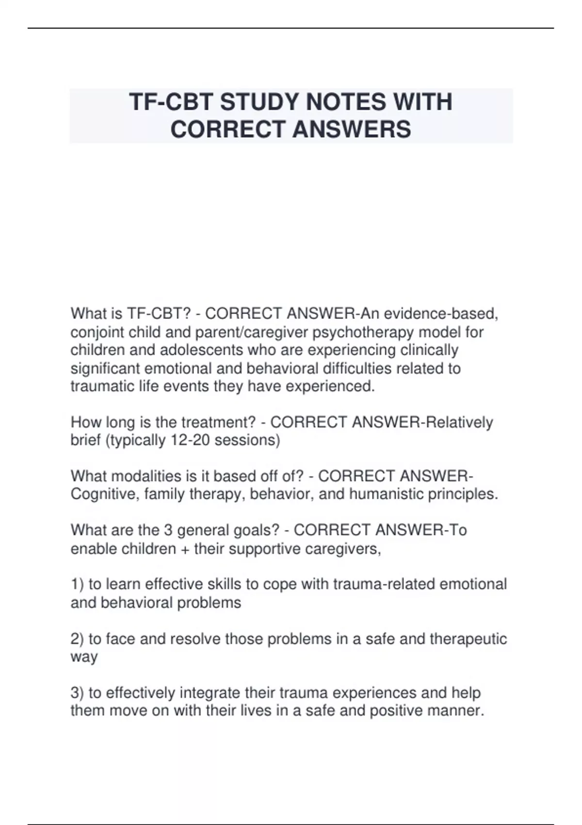 TF-CBT STUDY NOTES WITH CORRECT ANSWERS - TF-CBT - Stuvia US