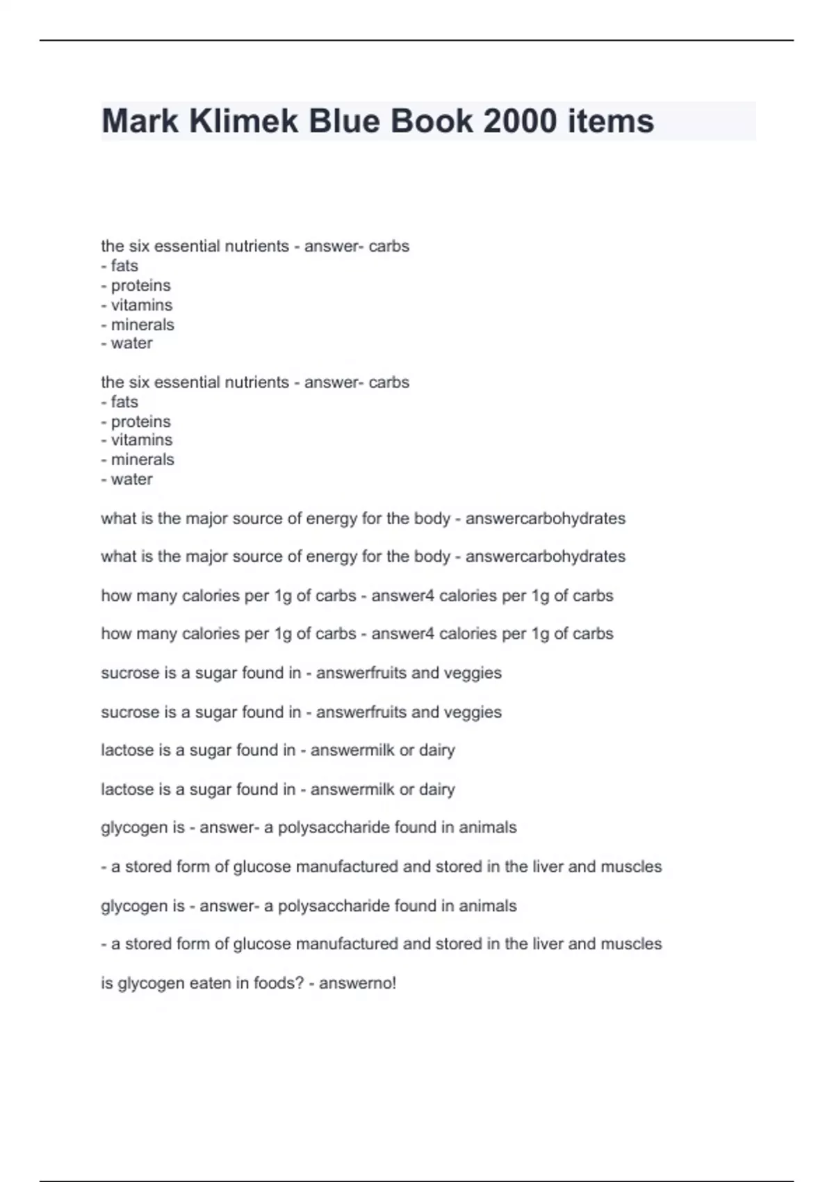 Mark Klimek Blue Book 2000 items Questions and Answers Graded A+ ...