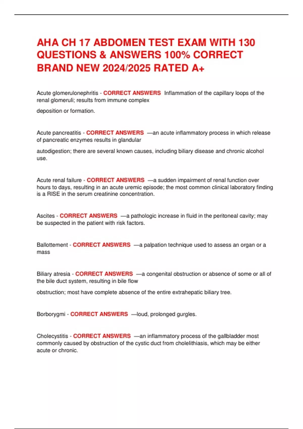 AHA CH 17 ABDOMEN TEST EXAM WITH 130 QUESTIONS & ANSWERS 100% CORRECT ...
