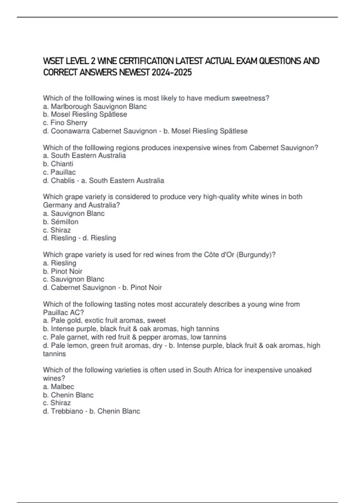 WSET LEVEL 2 WINE CERTIFICATION LATEST ACTUAL EXAM QUESTIONS AND ...