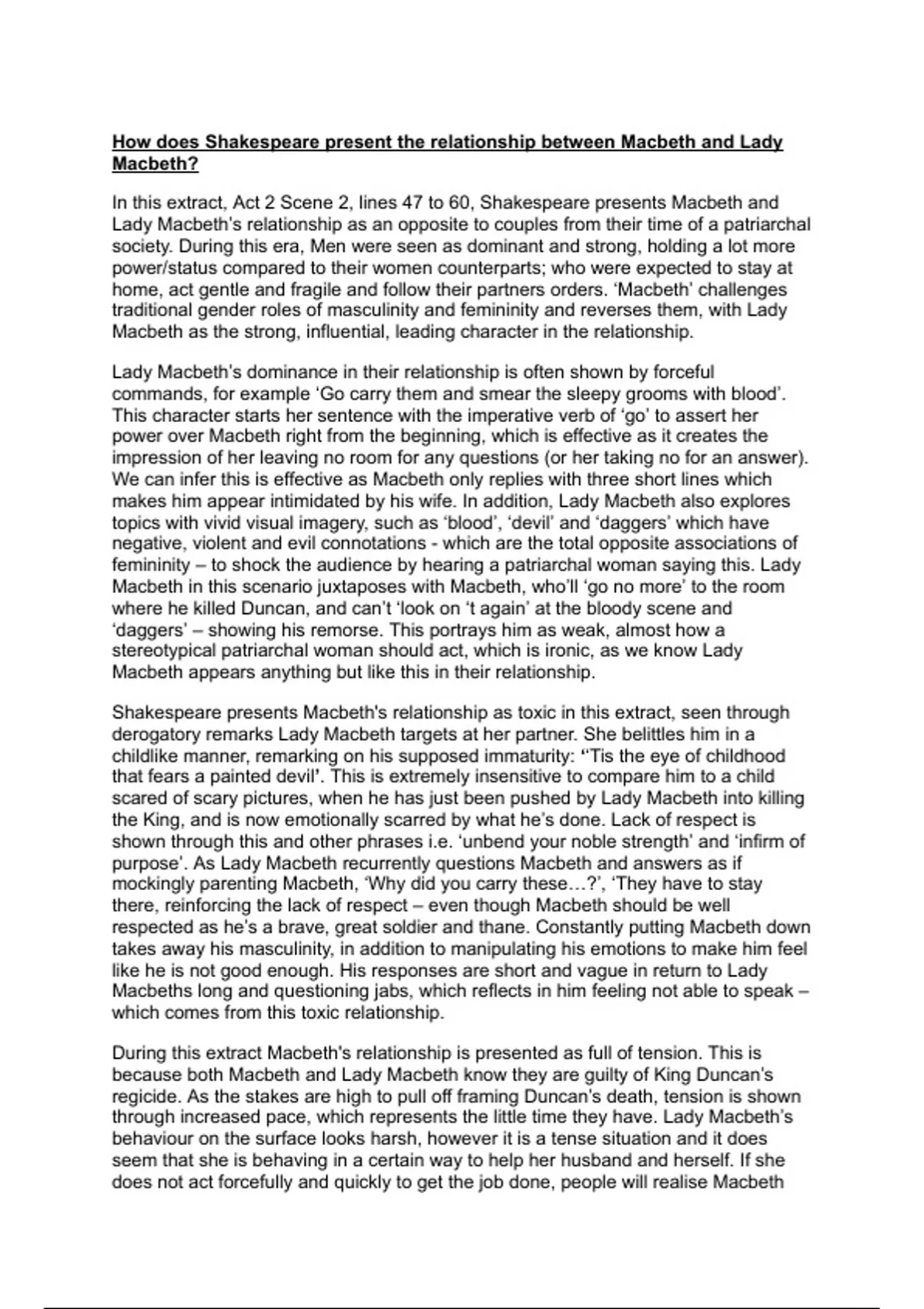 Summary English GCSE Grade 9 Essay - Macbeth and Lady Macbeth's ...