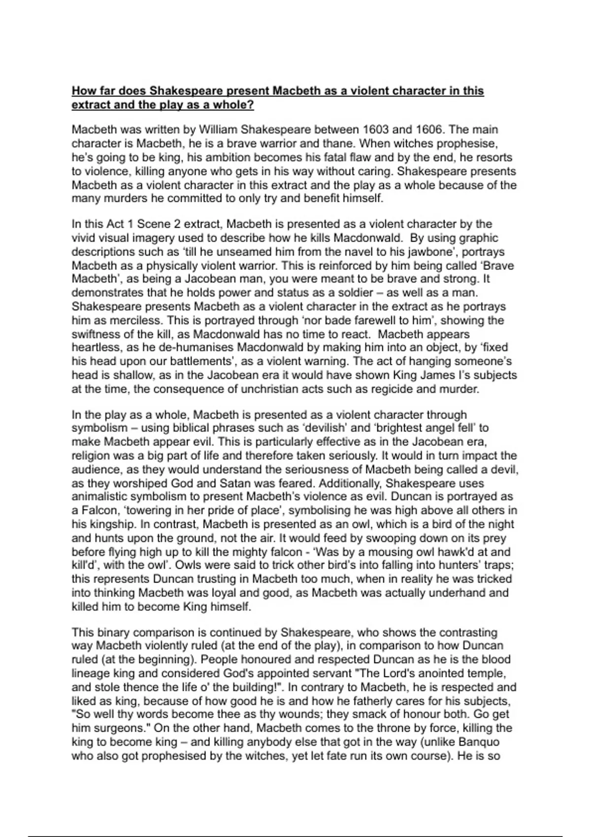 Summary English GCSE Grade 9 essay - Macbeth as a violent character ...