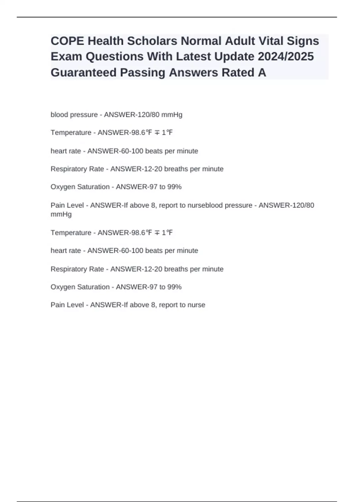 COPE Health Scholars Normal Adult Vital Signs Exam Questions With ...