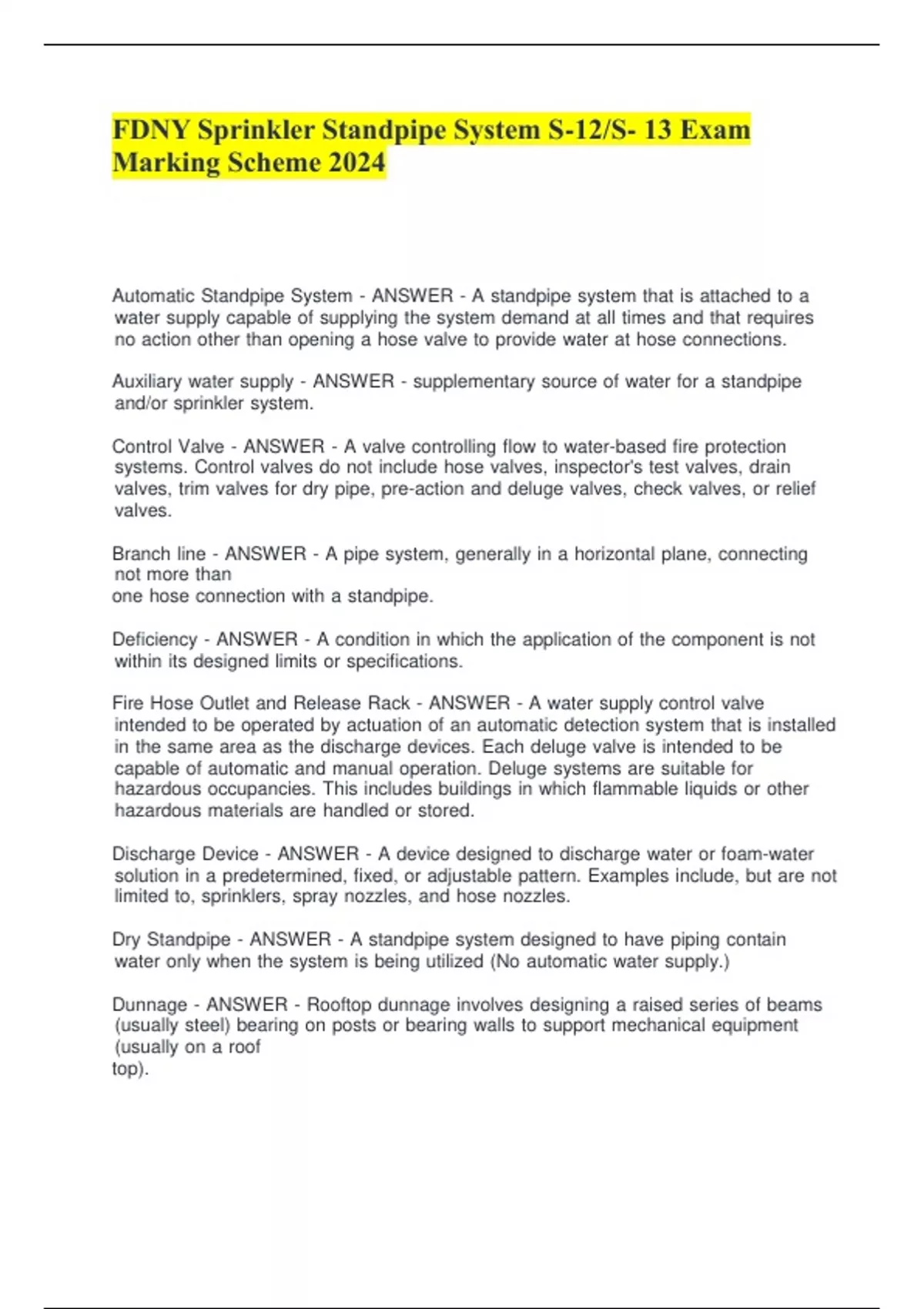 FDNY Sprinkler Standpipe System S-12 S- 13 Exam Marking Scheme 2024 - S ...