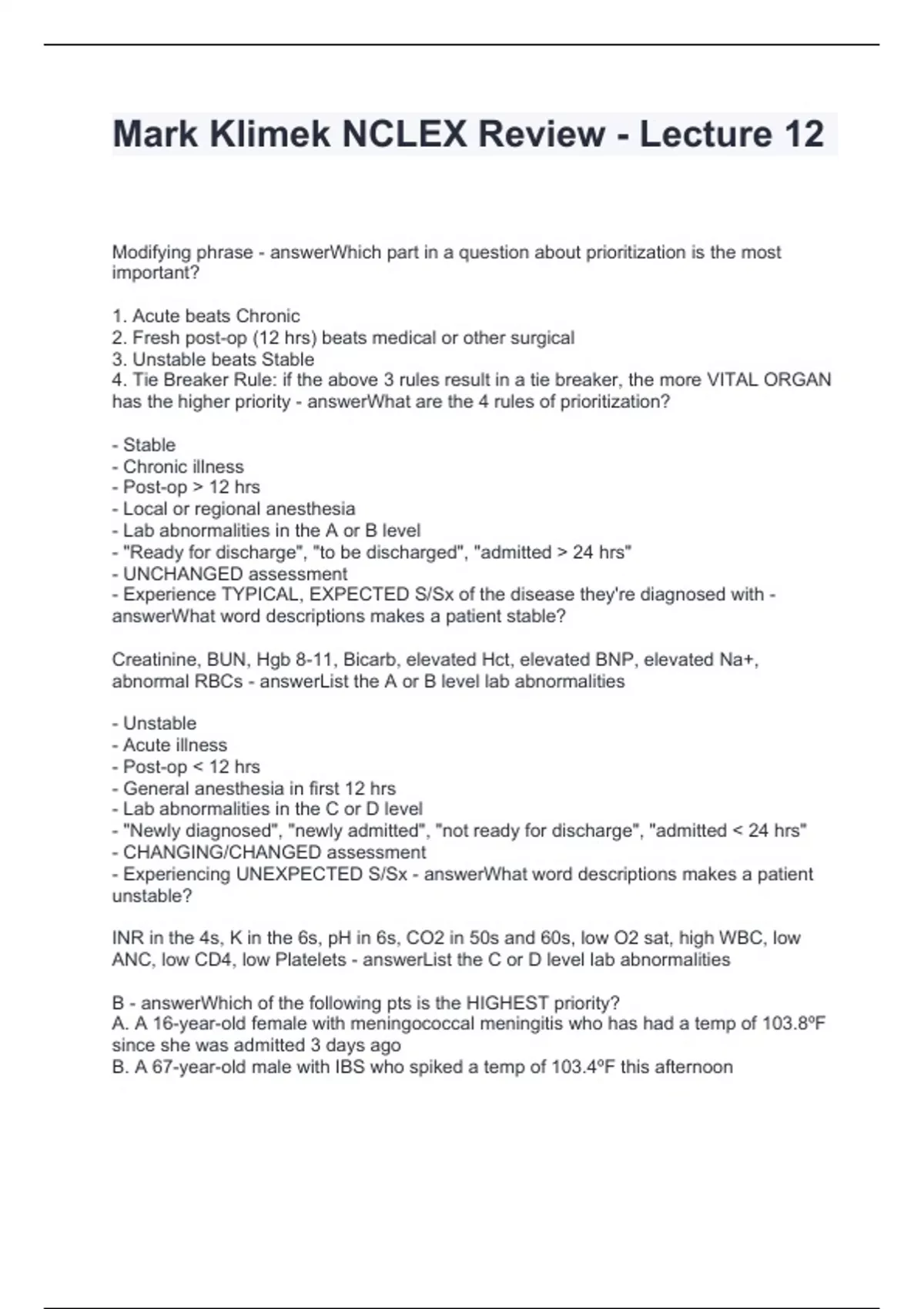 Mark Klimek NCLEX Review - Lecture 12 Questions with correct Answers ...