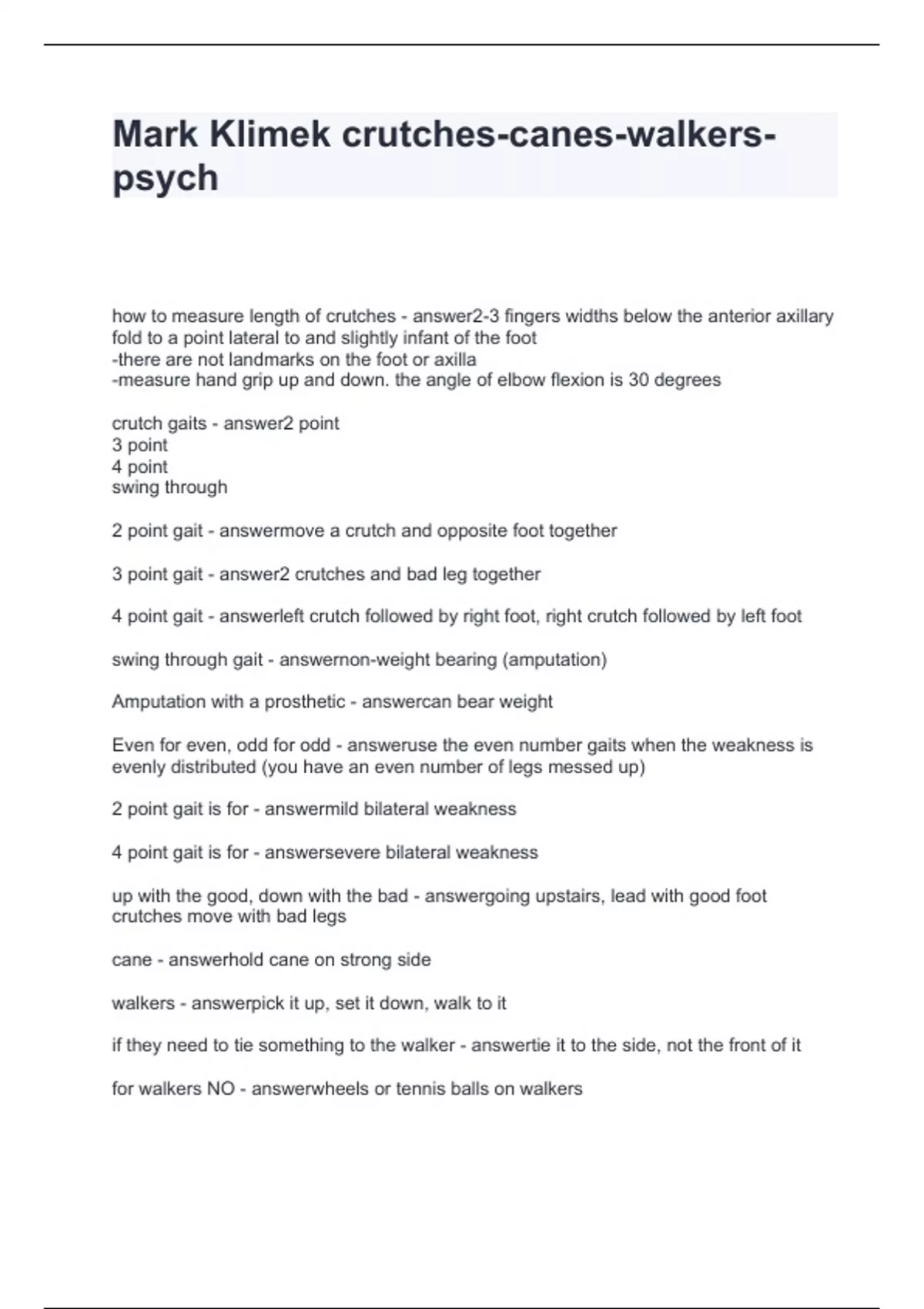 Mark Klimek crutches-canes-walkers-psych Questions and Answers 100% ...