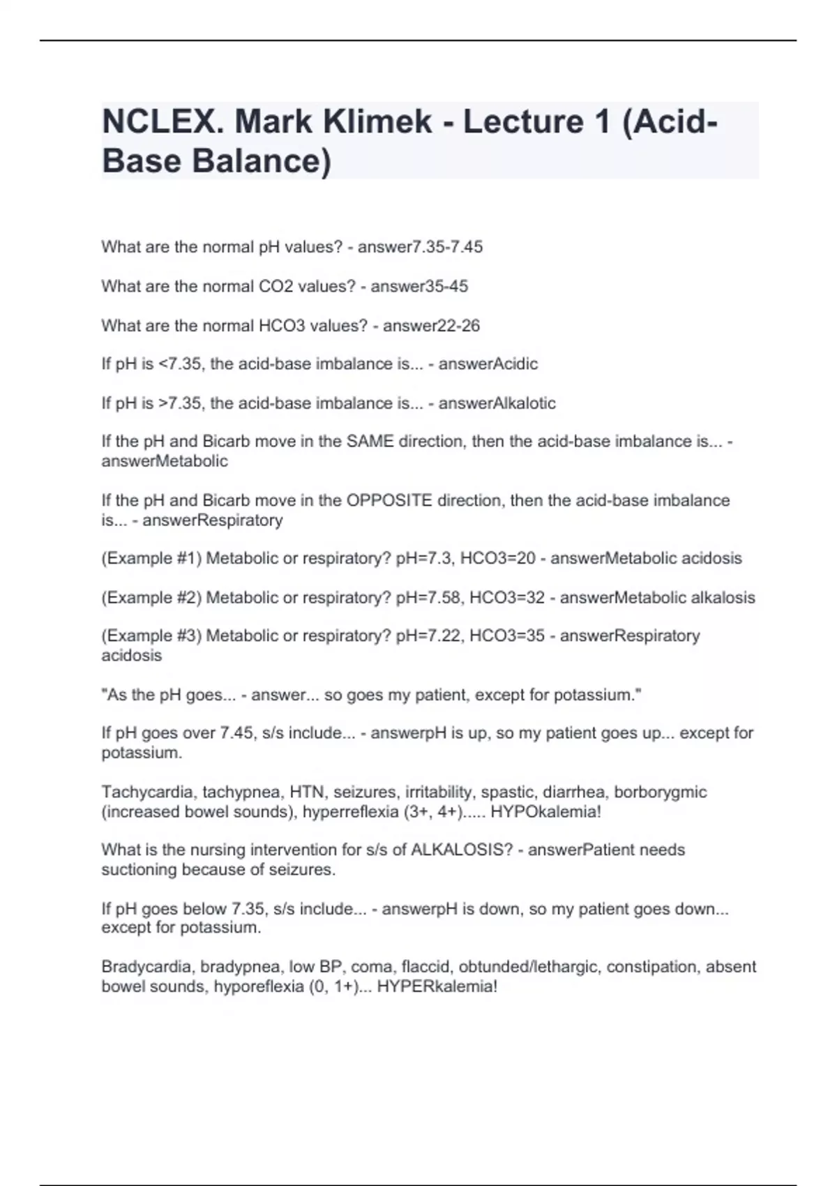 NCLEX. Mark Klimek - Lecture 1 (Acid-Base Balance) Questions and ...