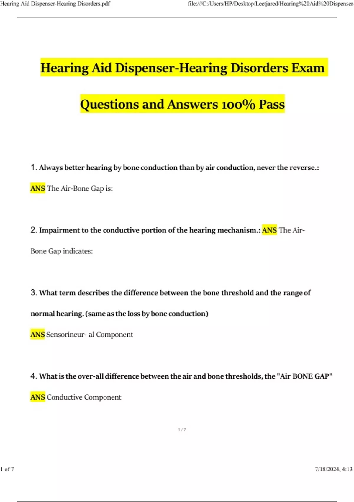 Hearing Aid Dispenser-Hearing Disorders Questions and Answers Updated ...