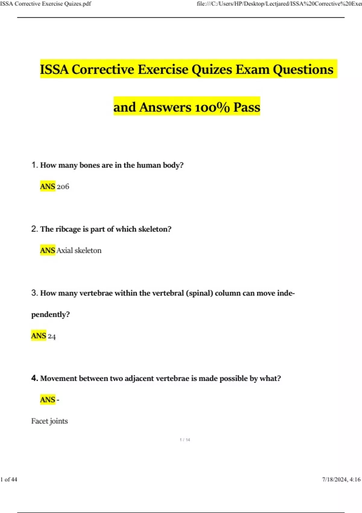 ISSA Corrective Exercise Quizes Questions and Answers Updated (2024 / ...