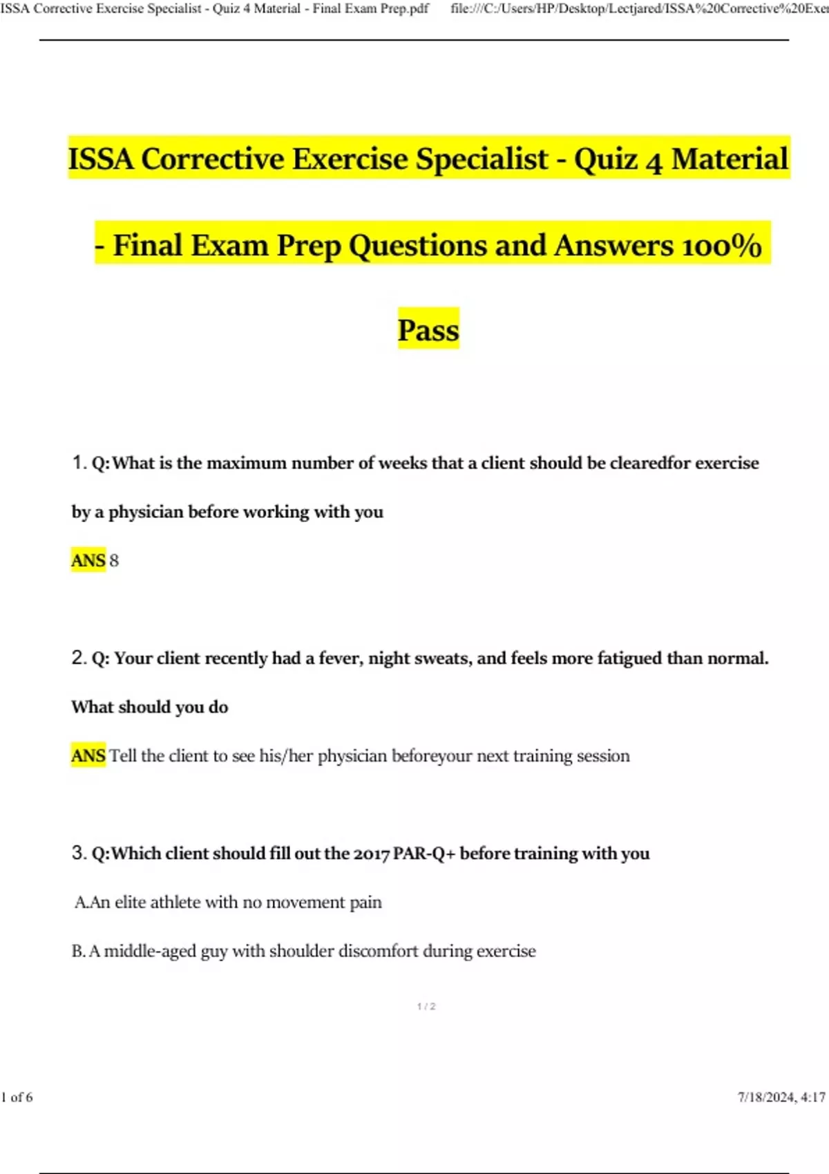 ISSA Corrective Exercise Specialist - Quiz 4 Material - Final Exam Prep ...