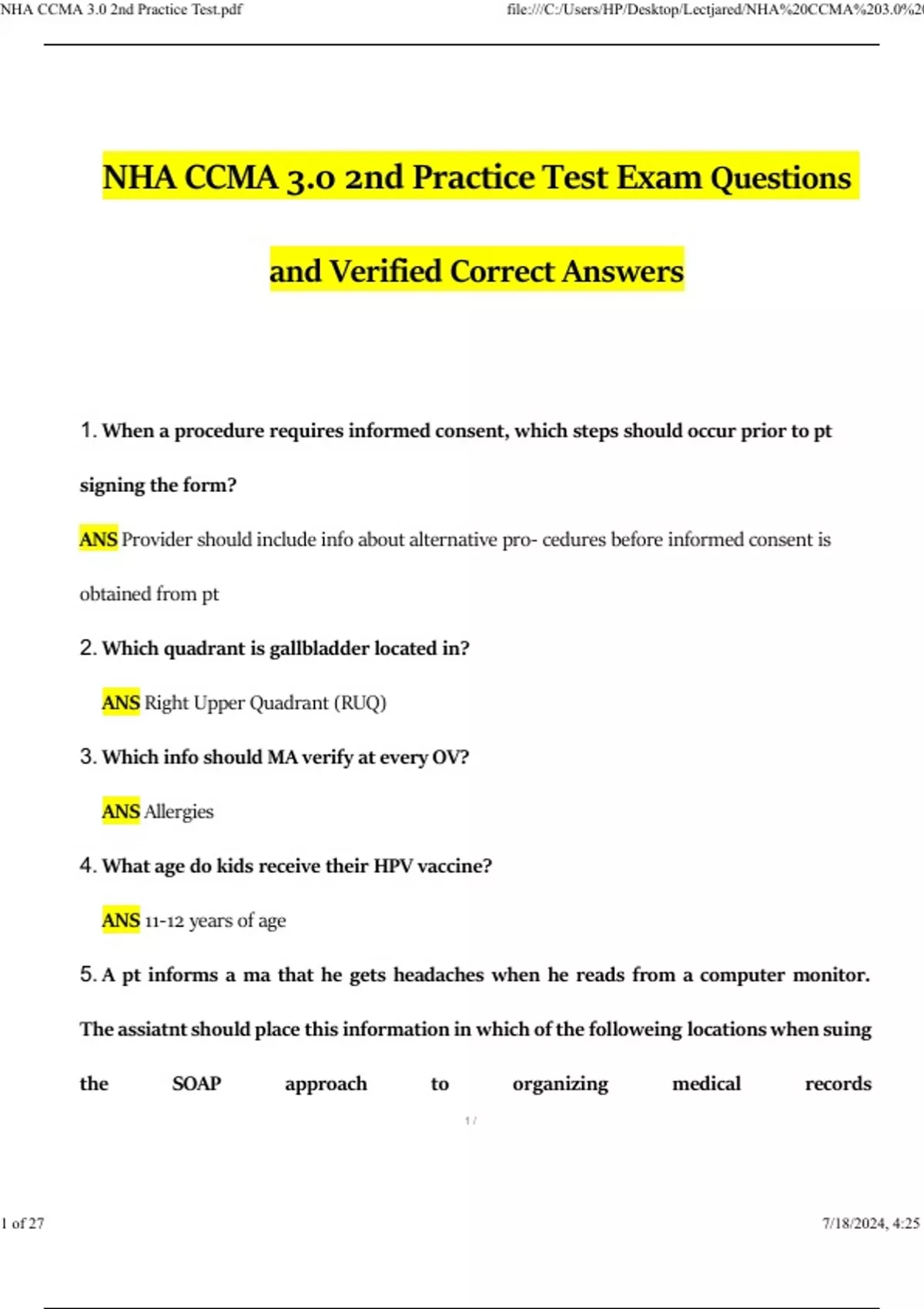 NHA CCMA 3.0 2nd Practice Test 2024 Questions and Answers Updated (2024 ...