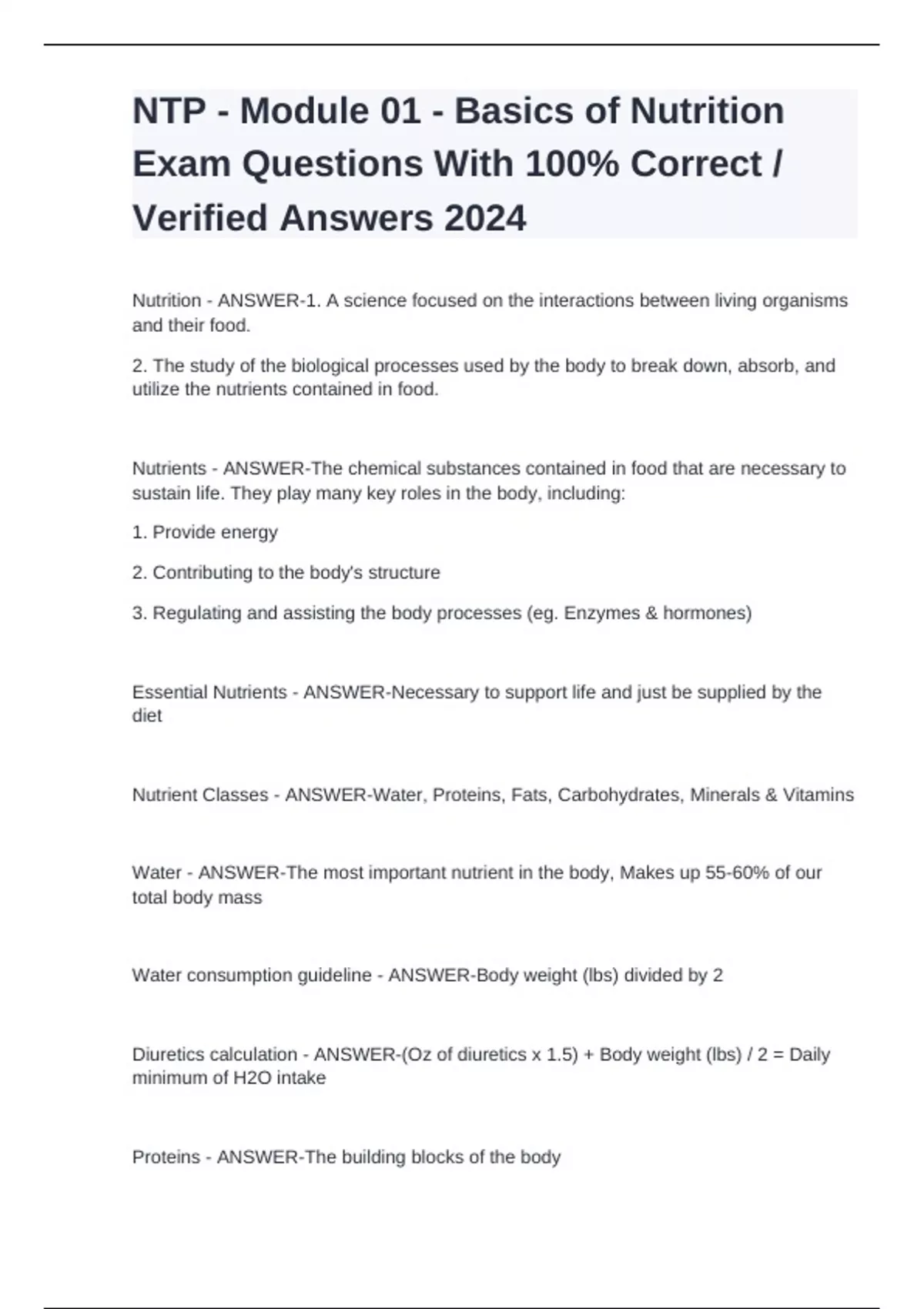 NTP - Module 01 - Basics of Nutrition Exam Questions With 100% Correct / Verified Answers 2024 ...