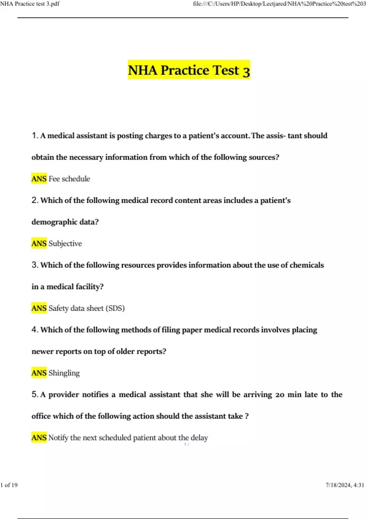 NHA Practice test 3 Questions and Answers Updated (2024 / 2025 ...