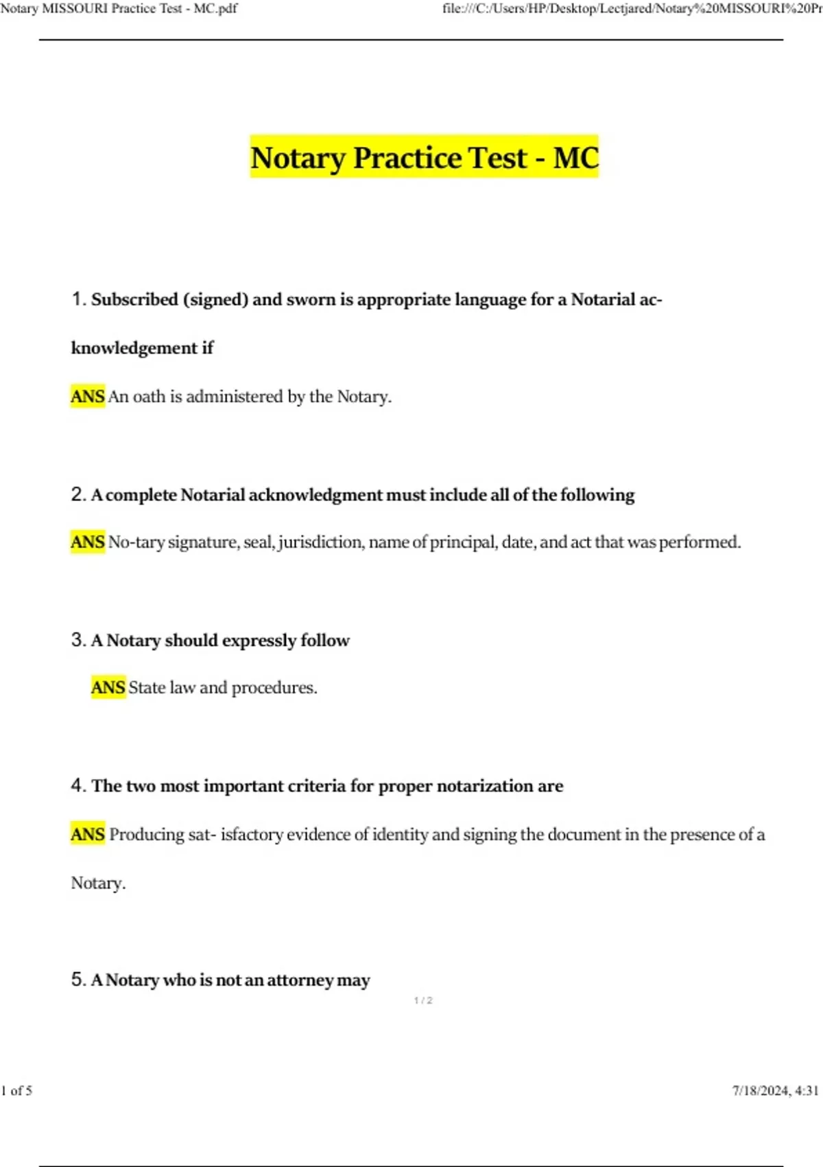 Notary MISSOURI Practice Test - MC 2024 Questions and Answers Updated ...