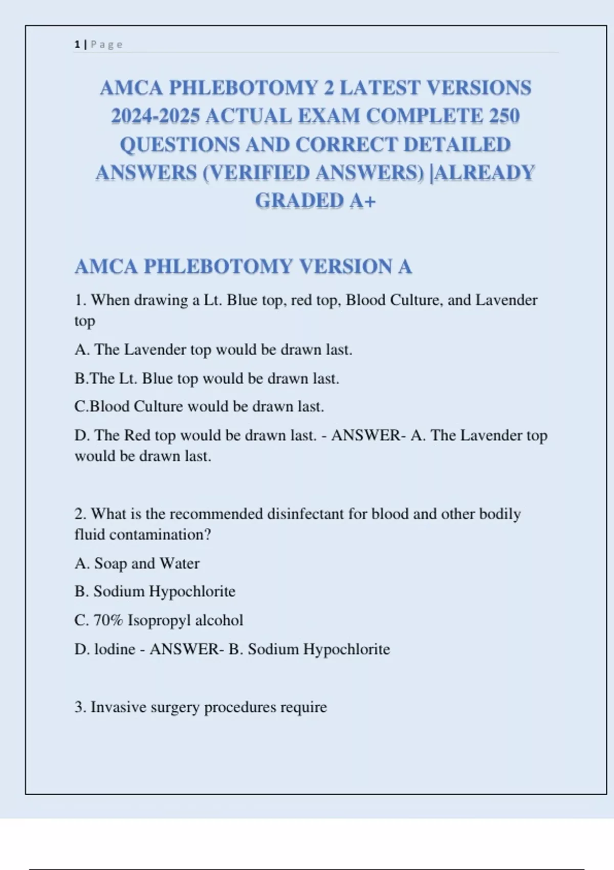 AMCA PHLEBOTOMY 2 LATEST VERSIONS ACTUAL EXAM COMPLETE 250 QUESTIONS ...