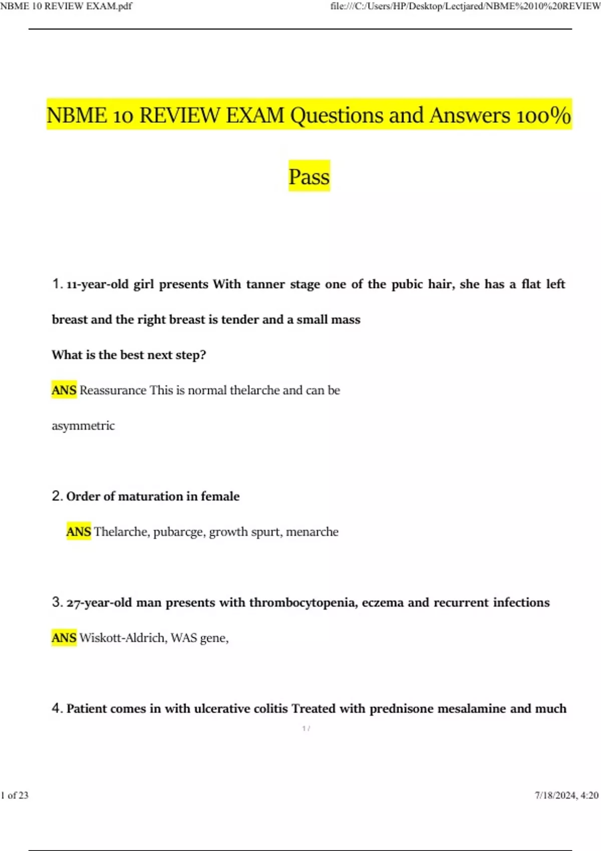 NBME 10 REVIEW EXAM 2024 Questions and Answers Updated (2024 / 2025 ...