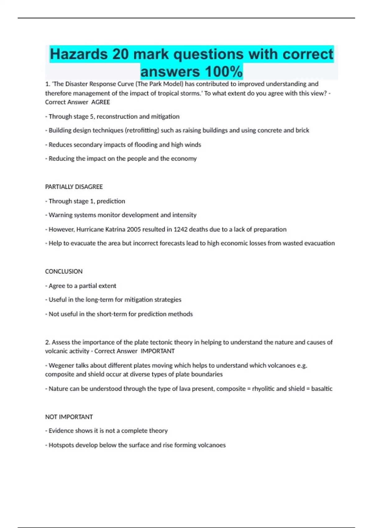 Hazards 20 mark questions with correct answers 100% - OCR Geography ...