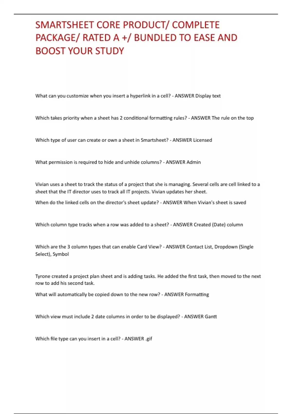 SMART SHEET CORE PRODUCT EXAM 2024/ COMPLETE PACKAGE/ RATED A+ ...