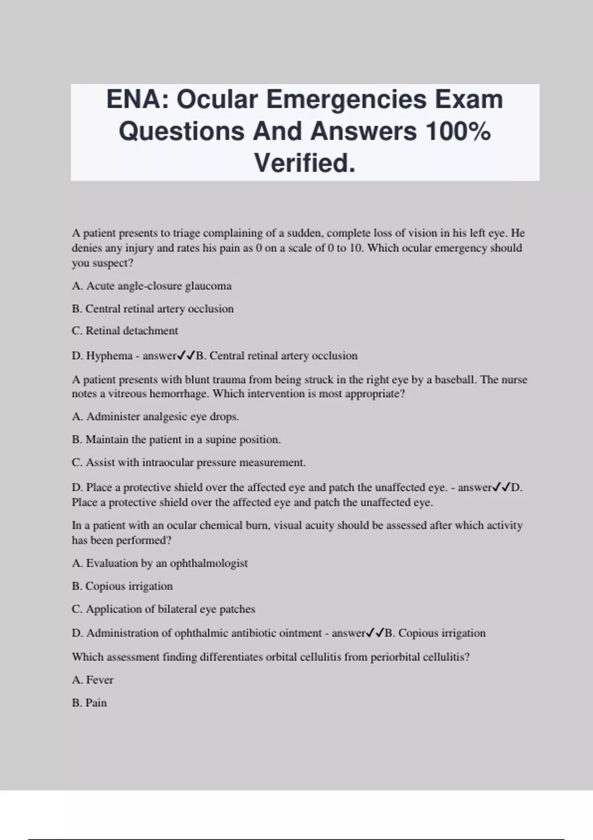 ENA: Ocular Emergencies Exam Questions And Answers 100% Verified. - ENA - Stuvia US