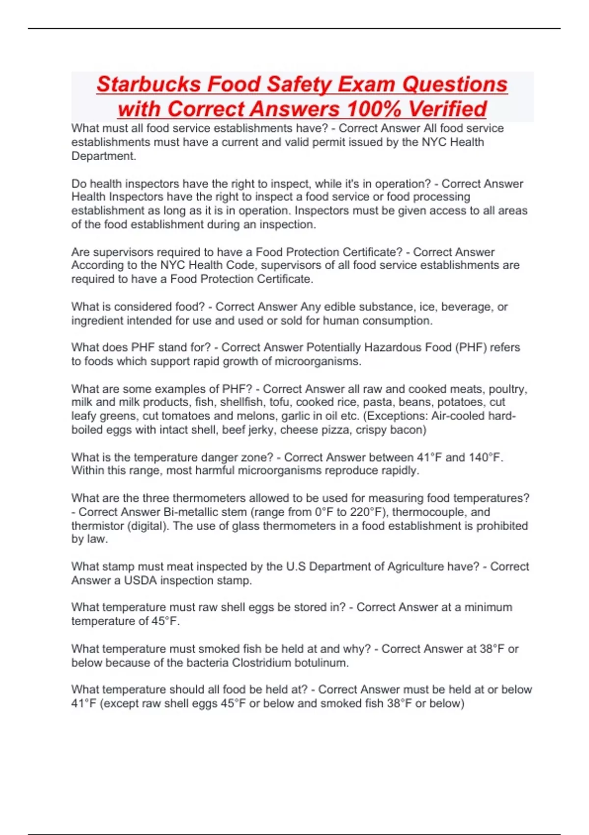 Starbucks Food Safety Exam Questions with Correct Answers 100% Verified ...