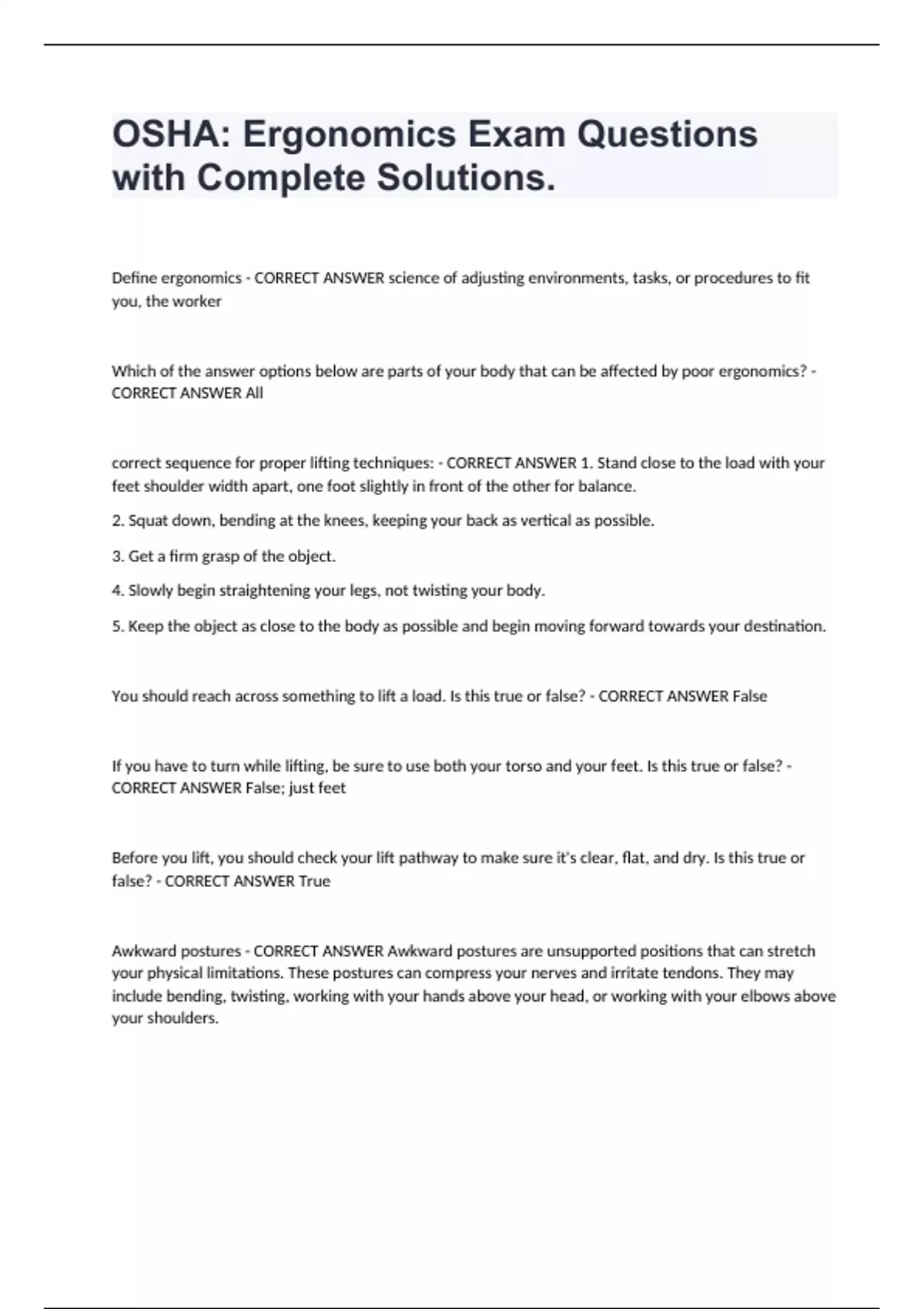 OSHA: Ergonomics Exam Questions with Complete Solutions. - Osha - Stuvia US