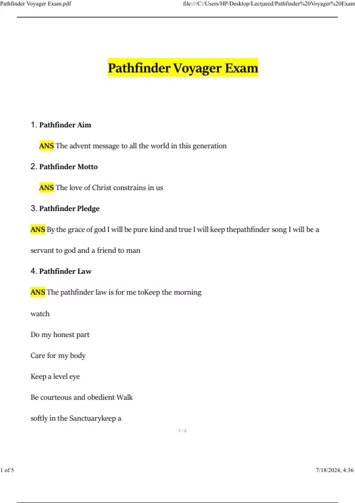 Pathfinder Voyager Exam 2024 Questions and Answers Updated (2024 / 2025 ...