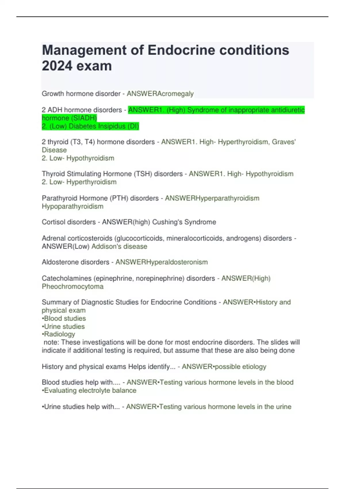 Management of Endocrine conditions 2024 exam - Conditions - Stuvia US