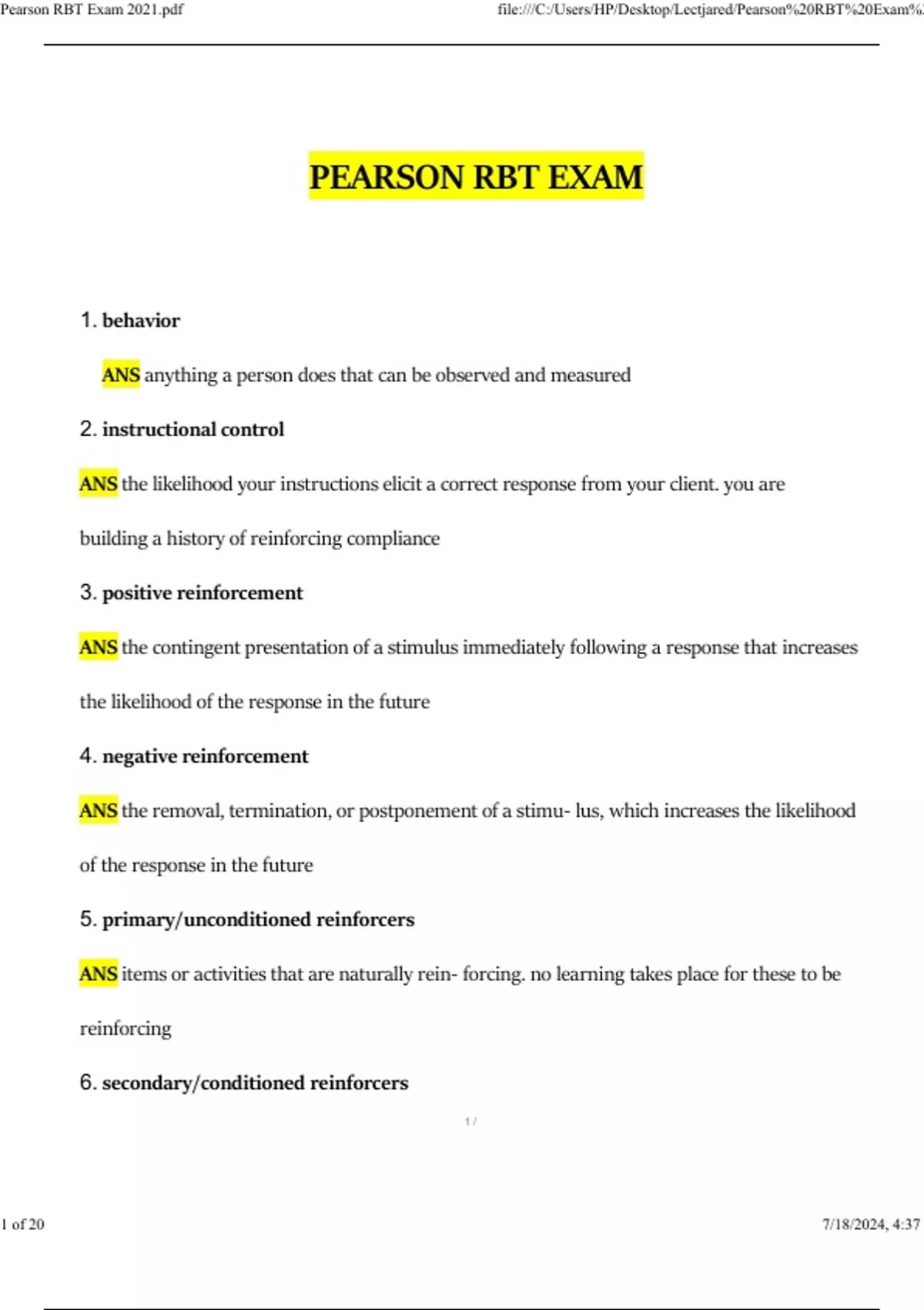 Pearson RBT Exam 2024 Questions and Answers Updated (2024 / 2025 ...