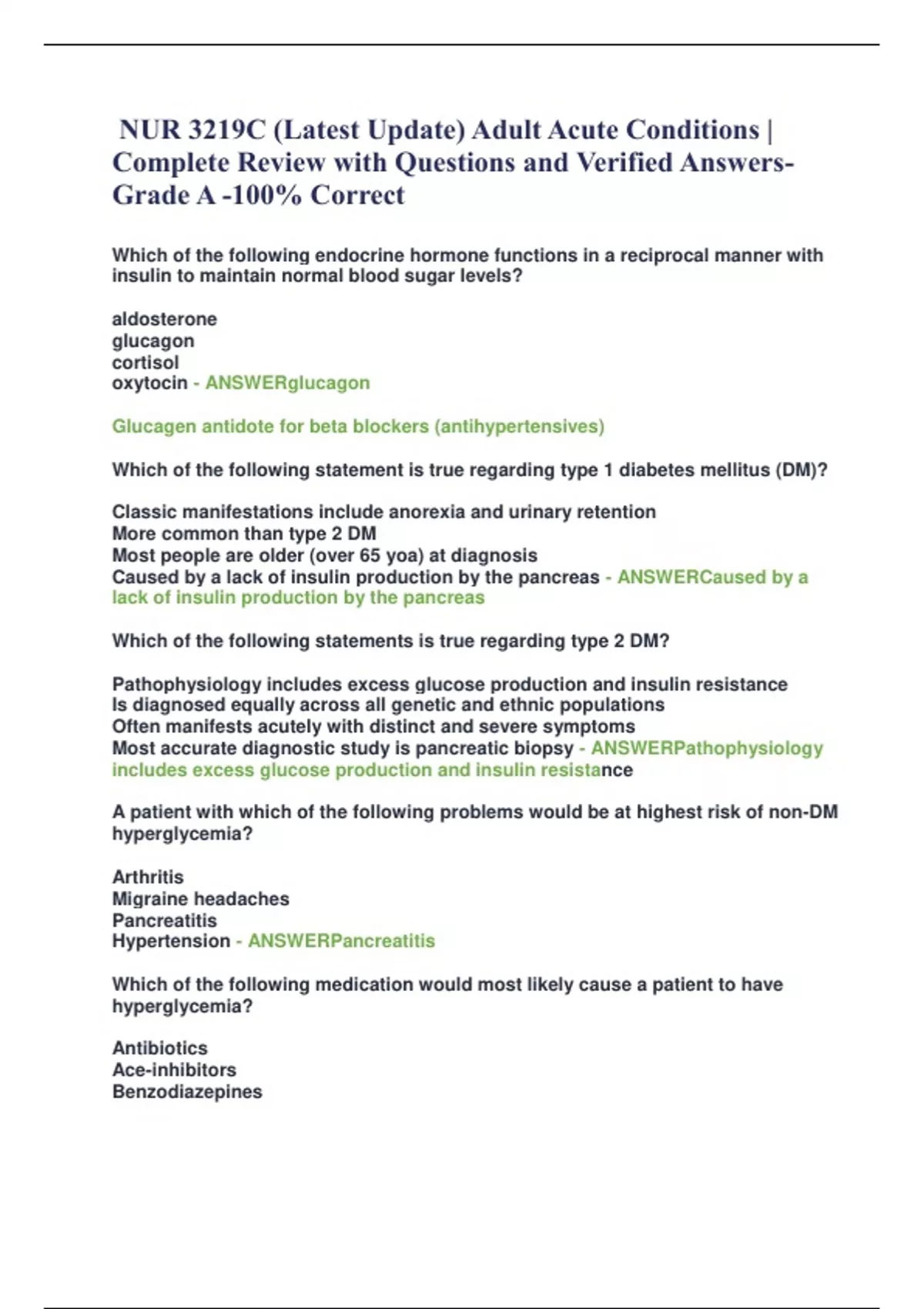 NUR 3219C (Latest Update) Adult Acute Conditions | Complete Review with ...