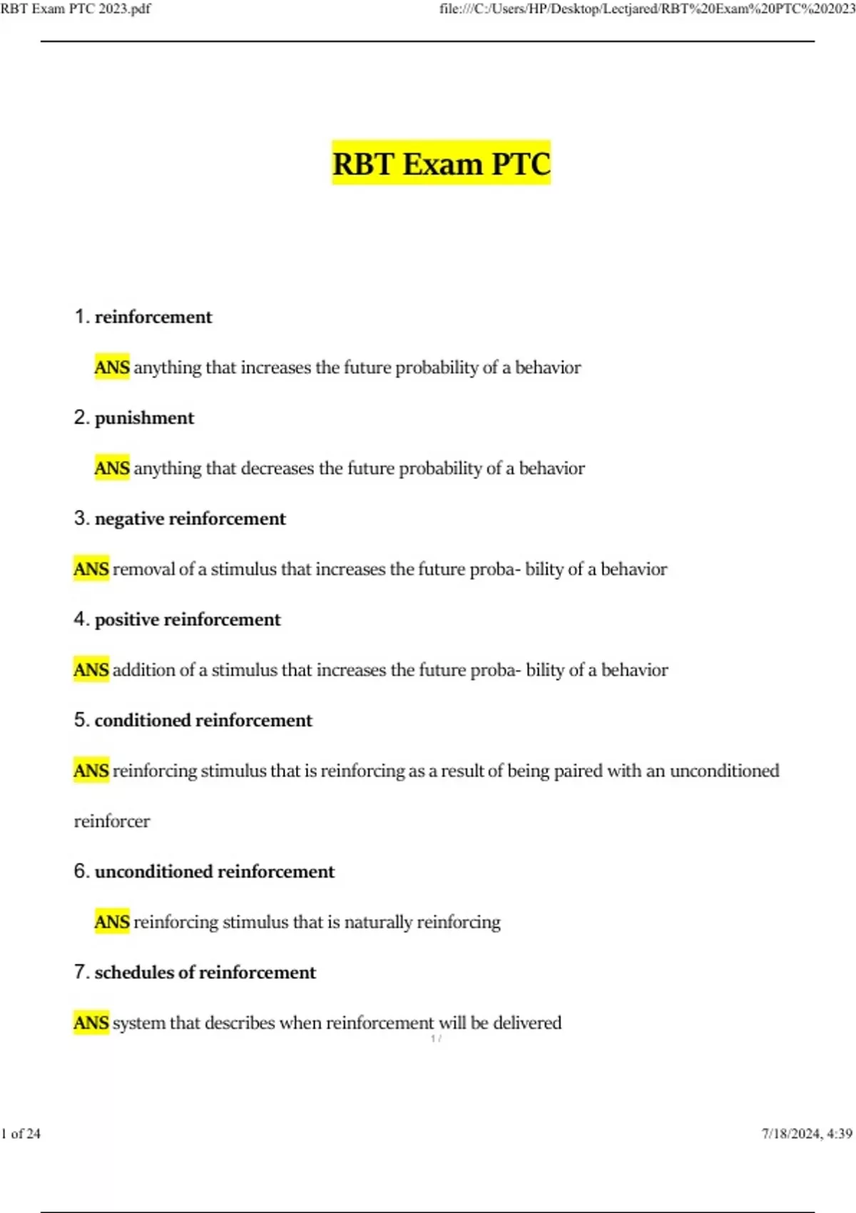 RBT Exam PTC 2024 Questions and Answers Updated (2024 / 2025) (Verified ...