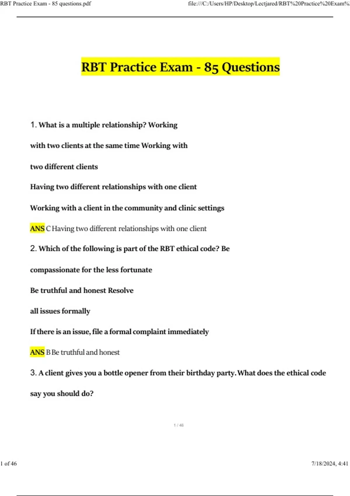 RBT Practice Exam - 85 Questions and Answers Updated (2024 / 2025) (Verified Answers) - Rbt ...