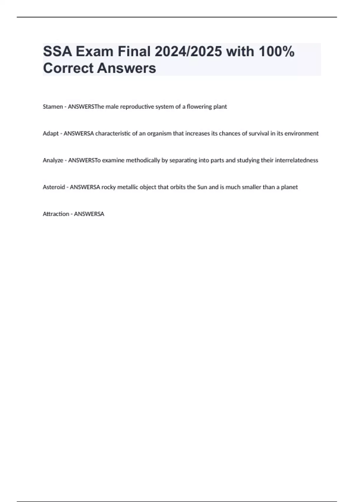 SSA Exam Final 2024/2025 with 100% Correct Answers - SSA - Stuvia US