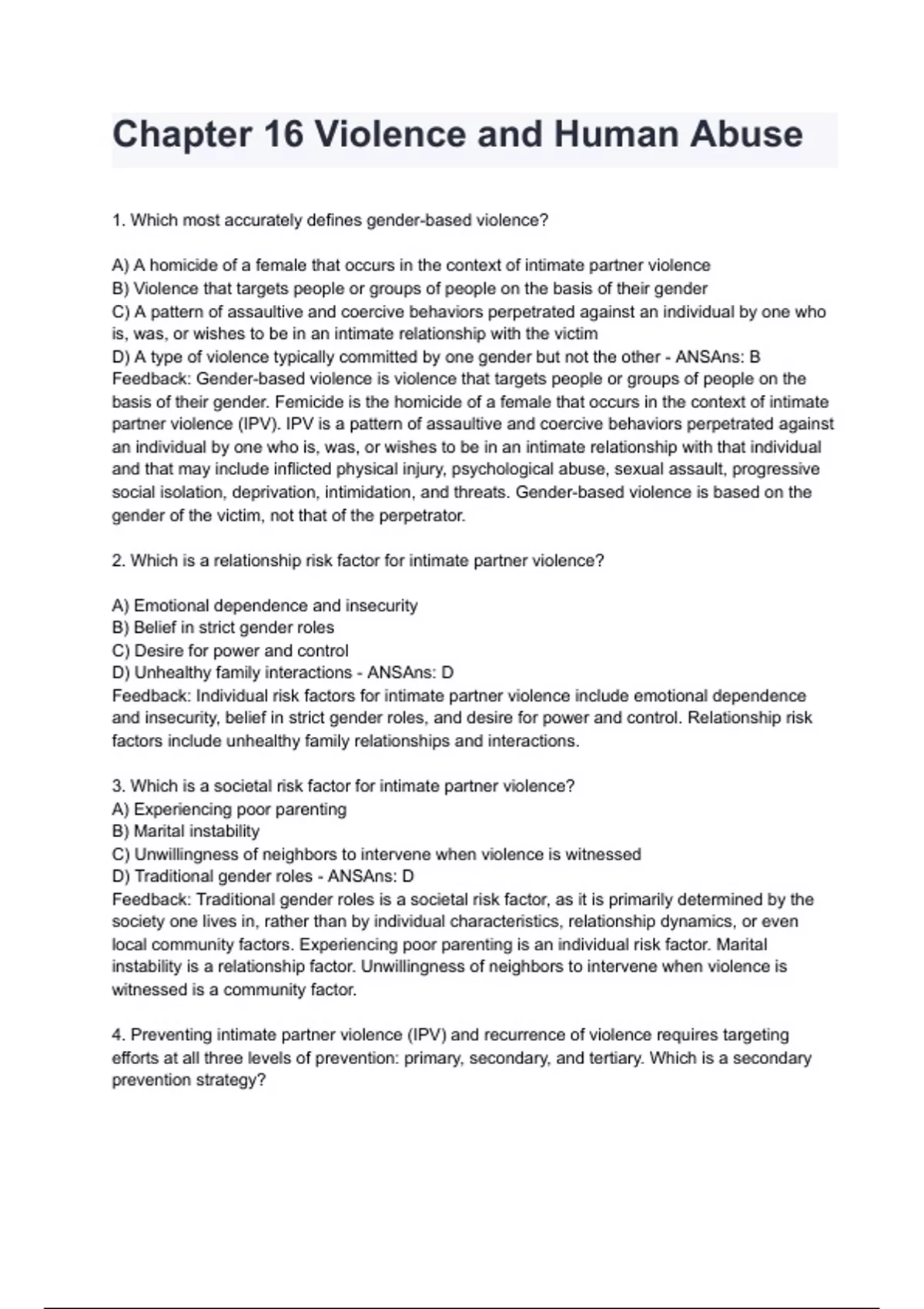 Chapter 16 Violence and Human Abuse questions and answers A+ score ...