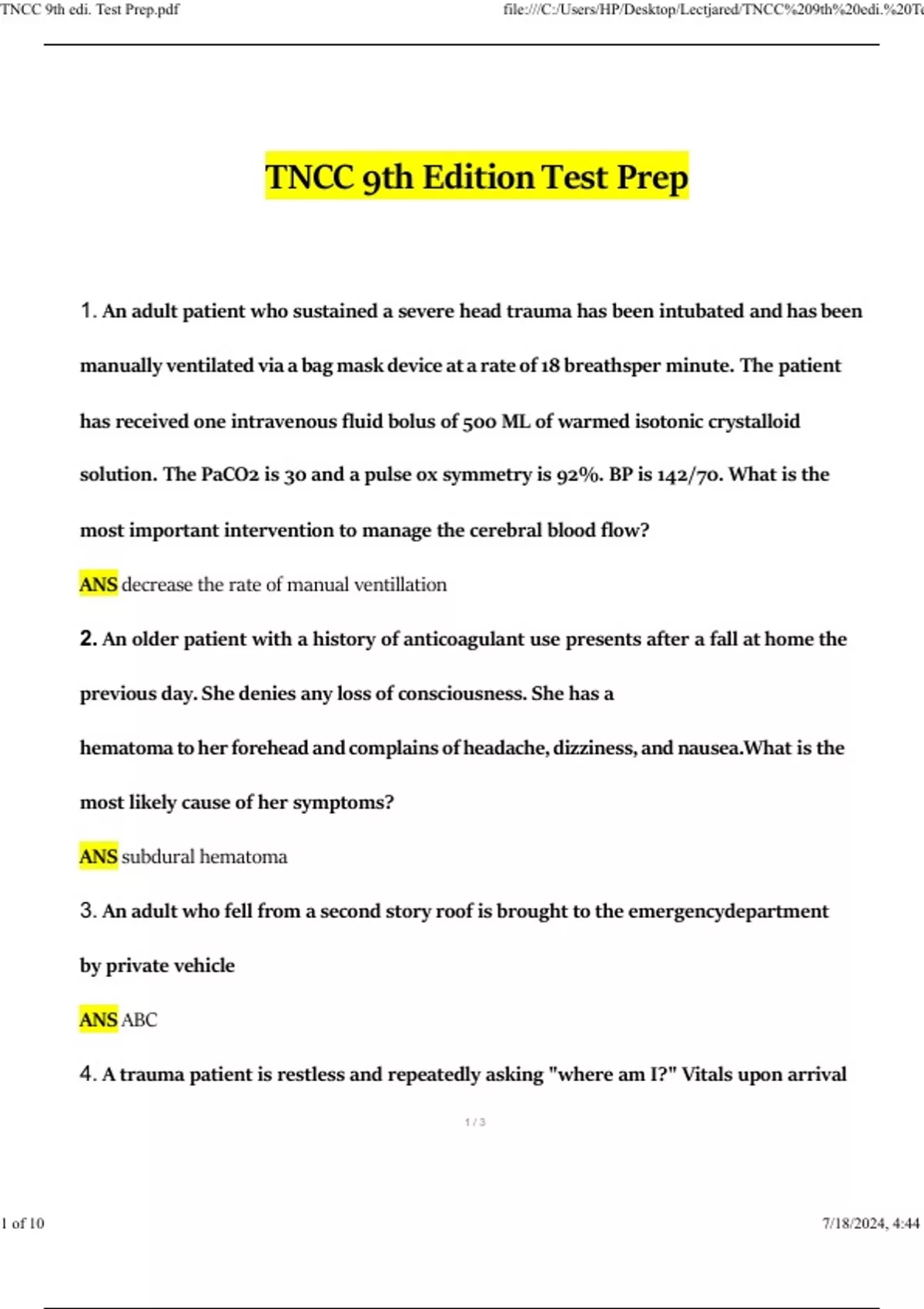 TNCC 9th Edition Test Prep 2024 Questions and Answers Updated (2024 / ...