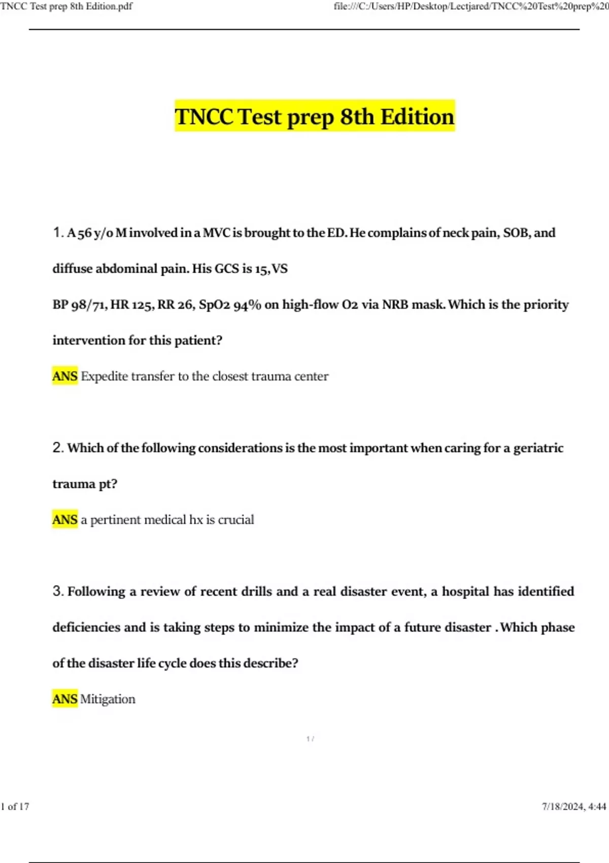 TNCC Test prep 8th Edition 2024 Questions and Answers Updated (2024 / ...