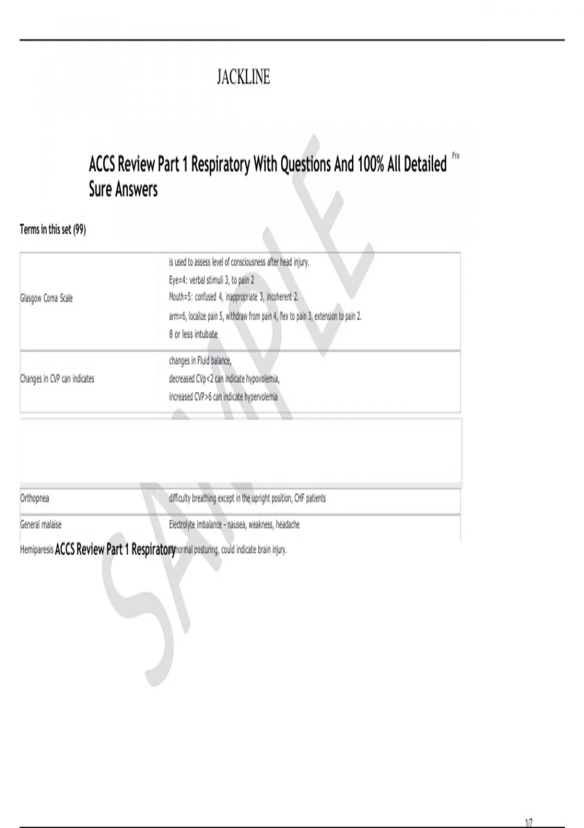 ACCS Review Part 1 Respiratory With Questions And 100% All Detailed ...