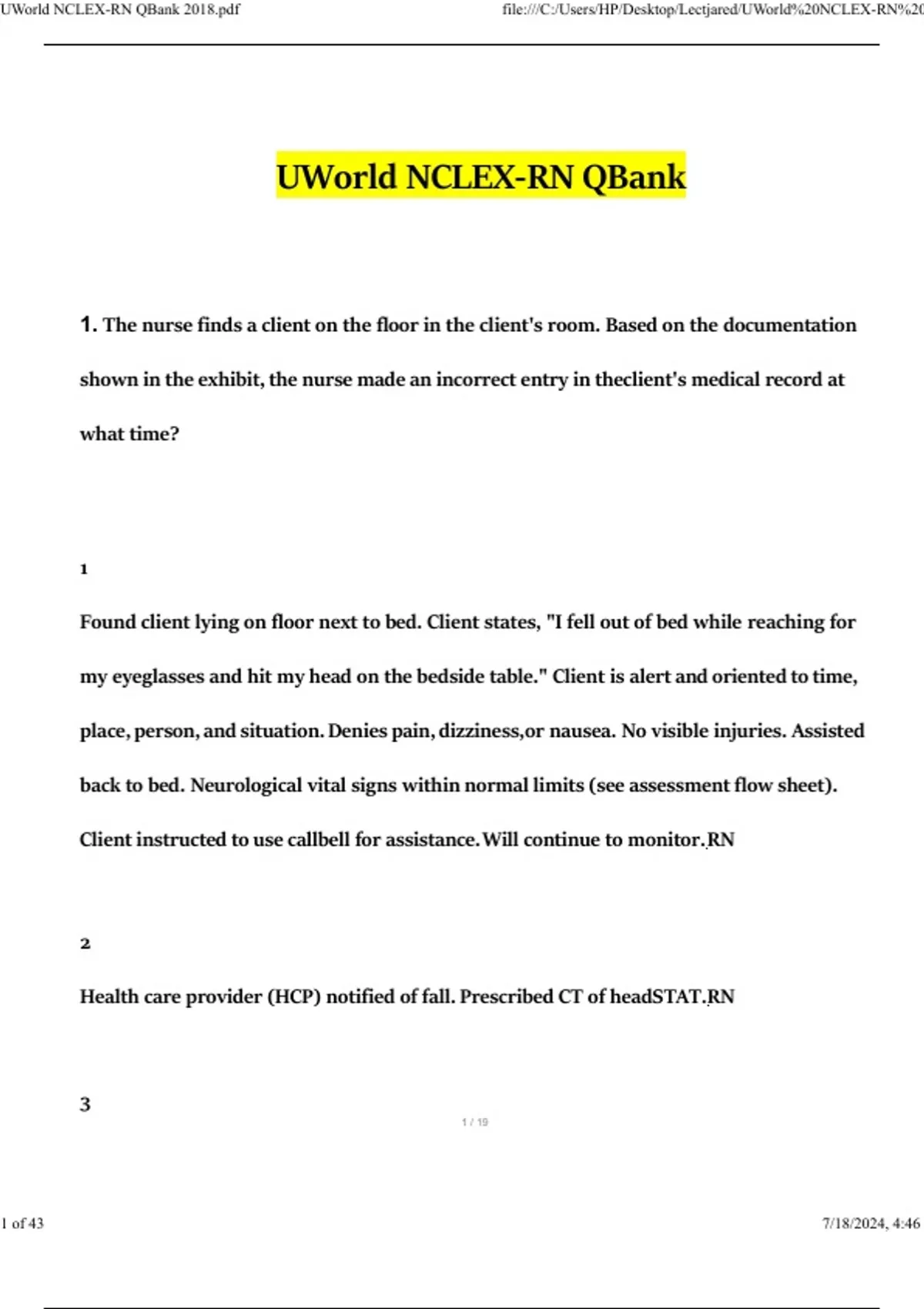 UWorld NCLEX-RN QBank 2024 Questions and Answers Updated (2024 / 2025) (Verified Answers ...