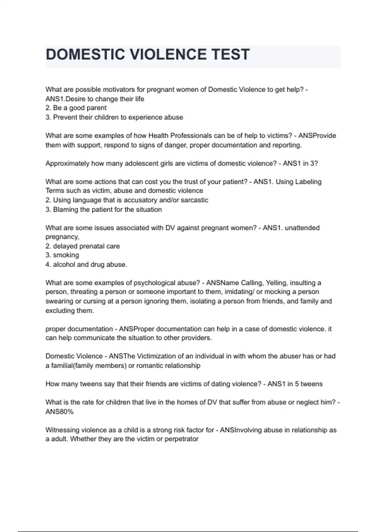 DOMESTIC VIOLENCE TEST questions and answers A+ score assured 2024/2025 ...