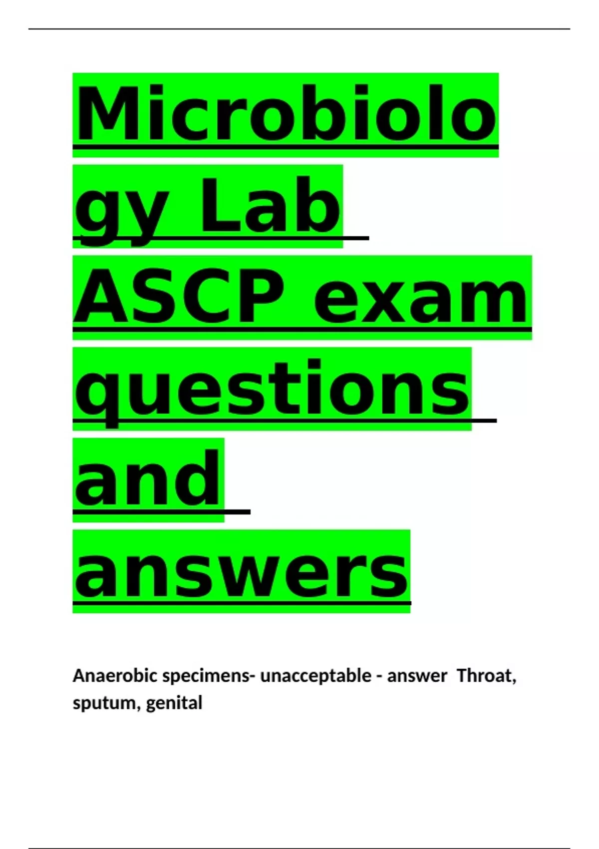Microbiology Lab ASCP exam questions and answers. - ASCP - Stuvia US