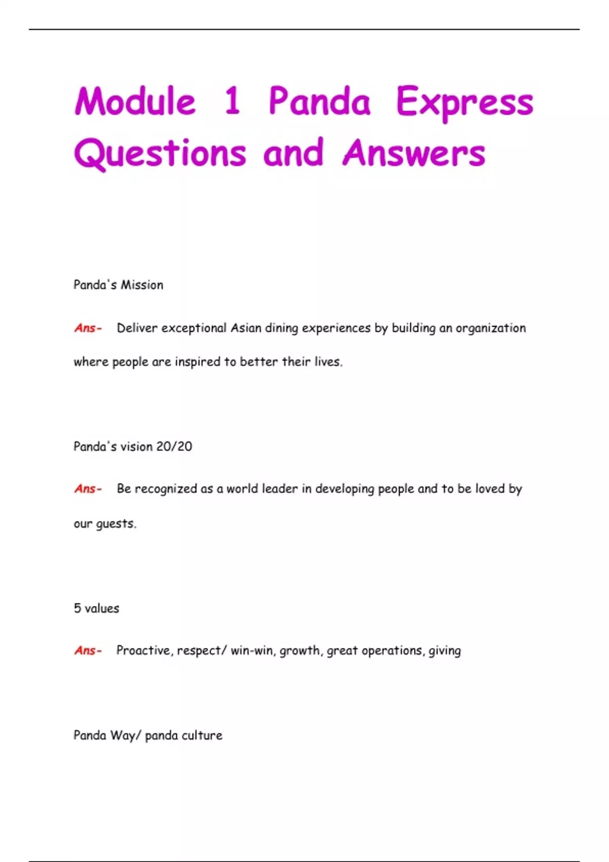 Module 1 Panda Express Questions and Answers - Panda Express - Stuvia US
